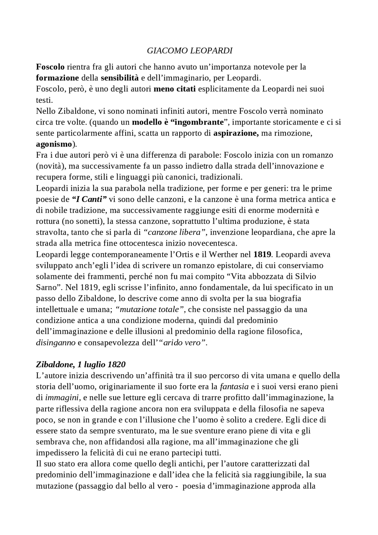 Leopardi vita e opere - esame Camarotto - Docsity