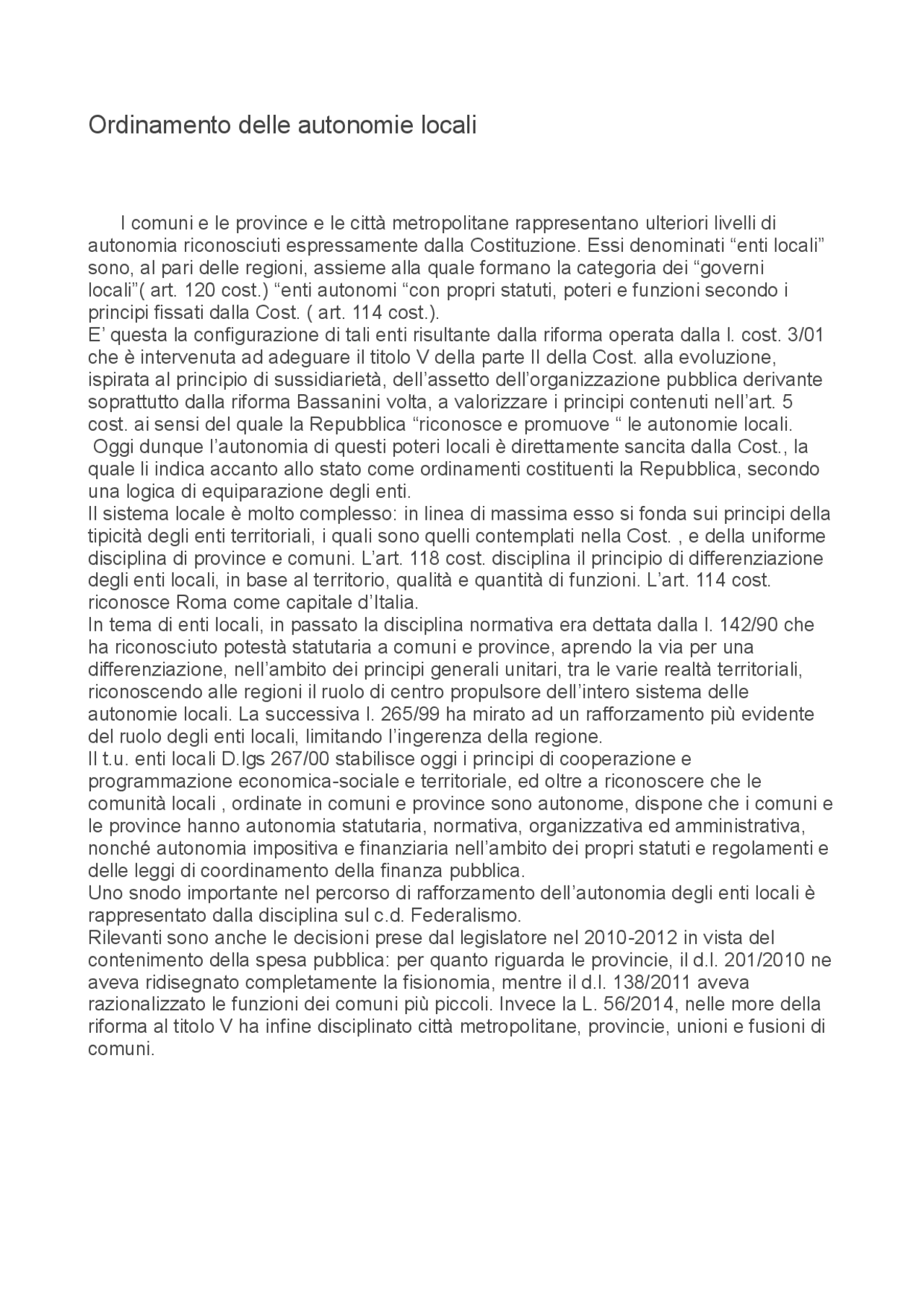Ordinamento Delle Autonomie Locali Sintesi Del Corso Di Diritto Docsity