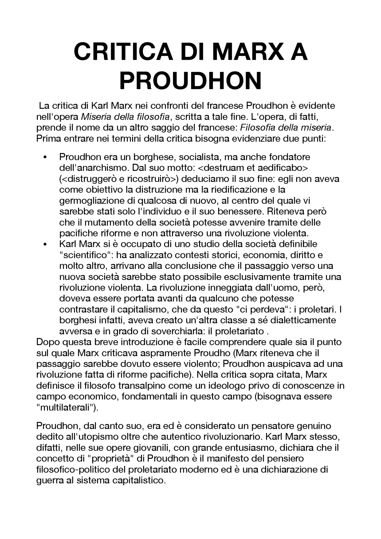 Critica di Marx a Proudhon | Appunti di Filosofia | Docsity