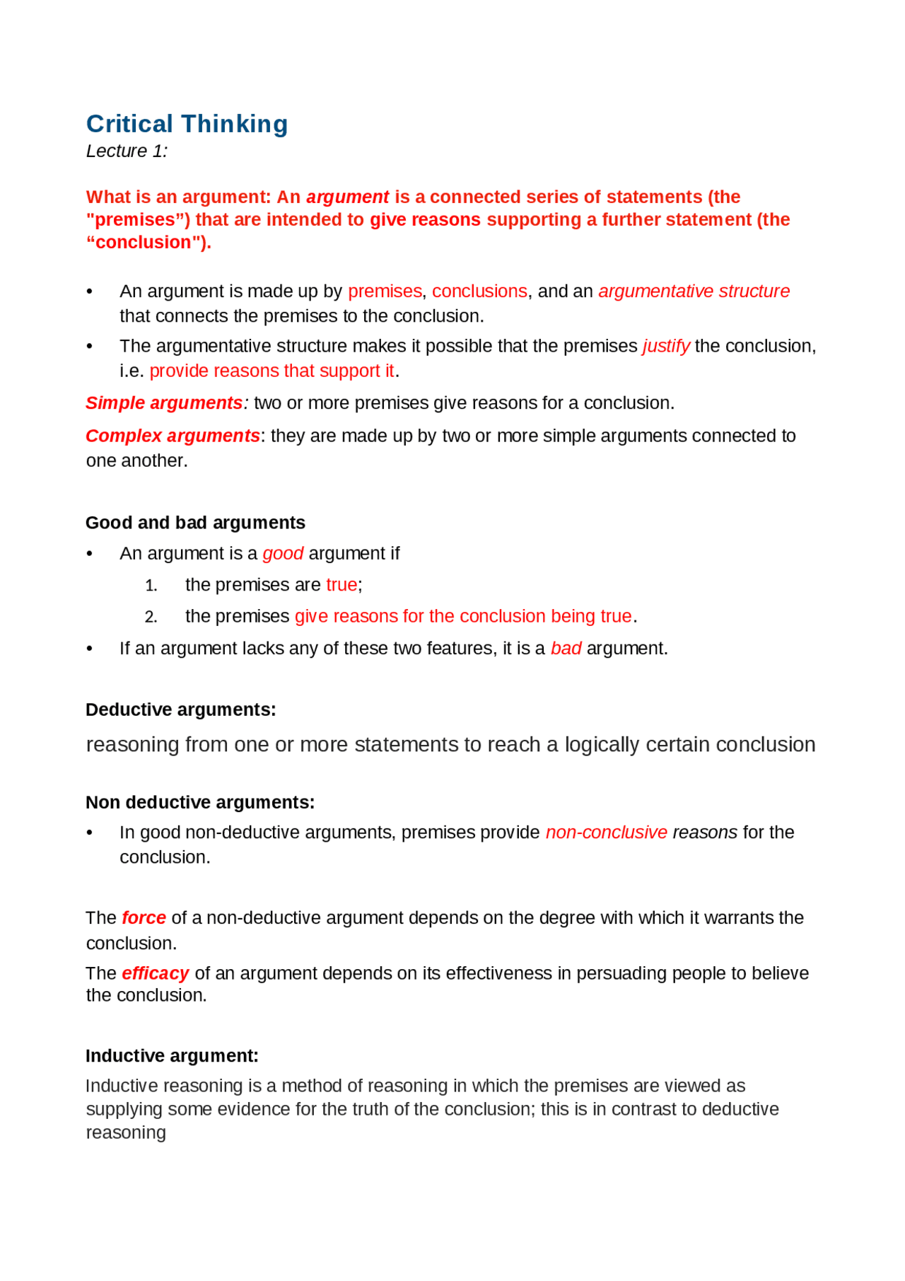 Critical Thinking Notes First Lecture Docsity