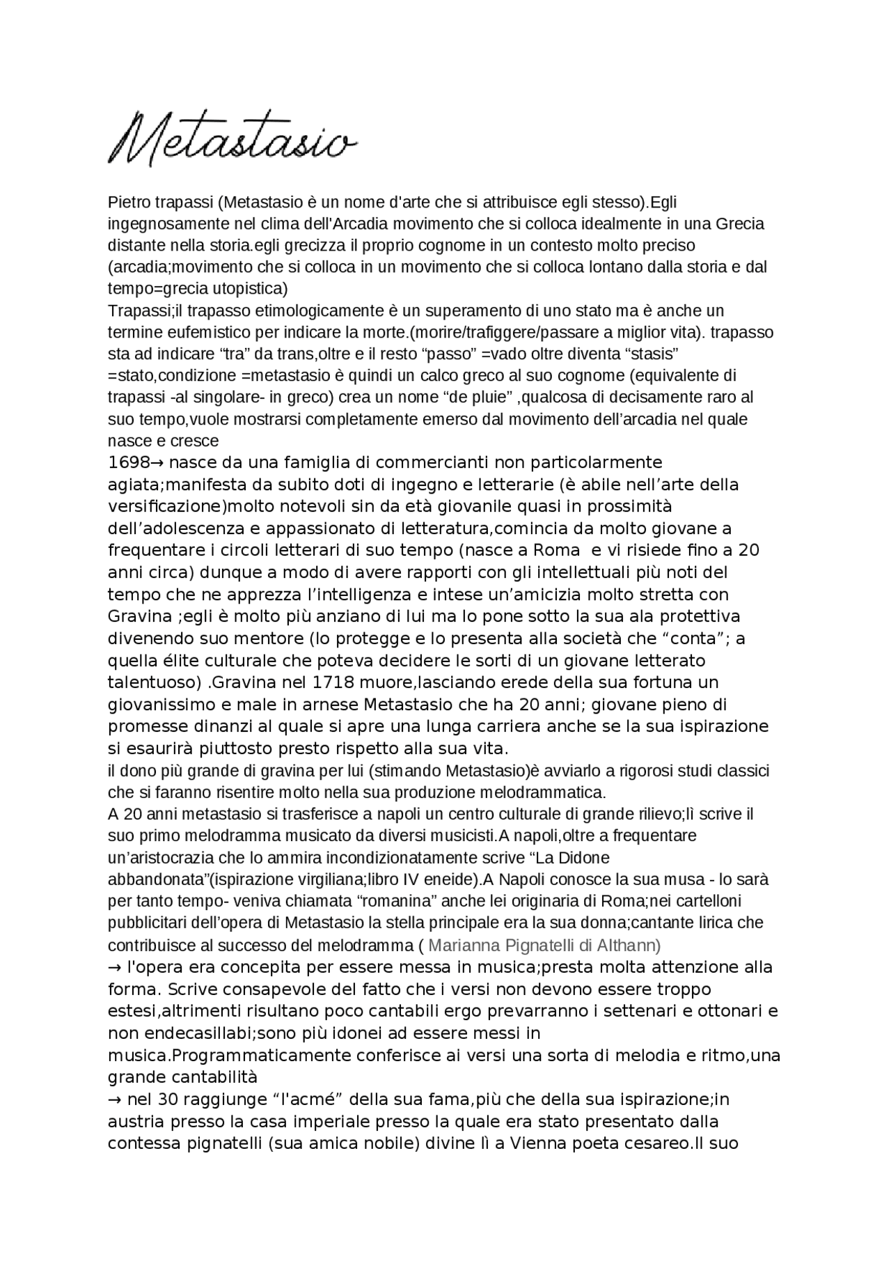 Metastasio E Lorigine Del Nome Docsity