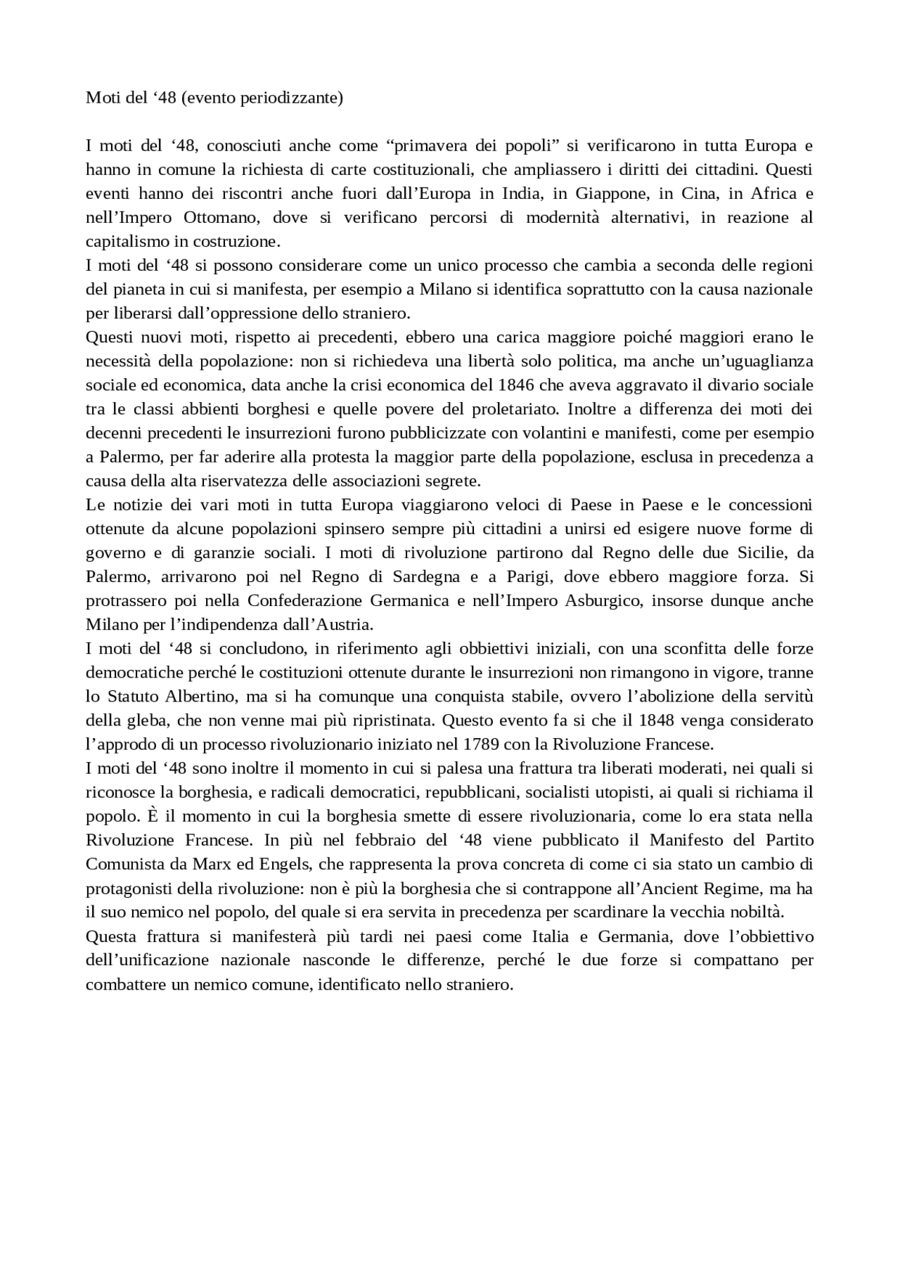 Riassunto I Moti Del 48 Docsity