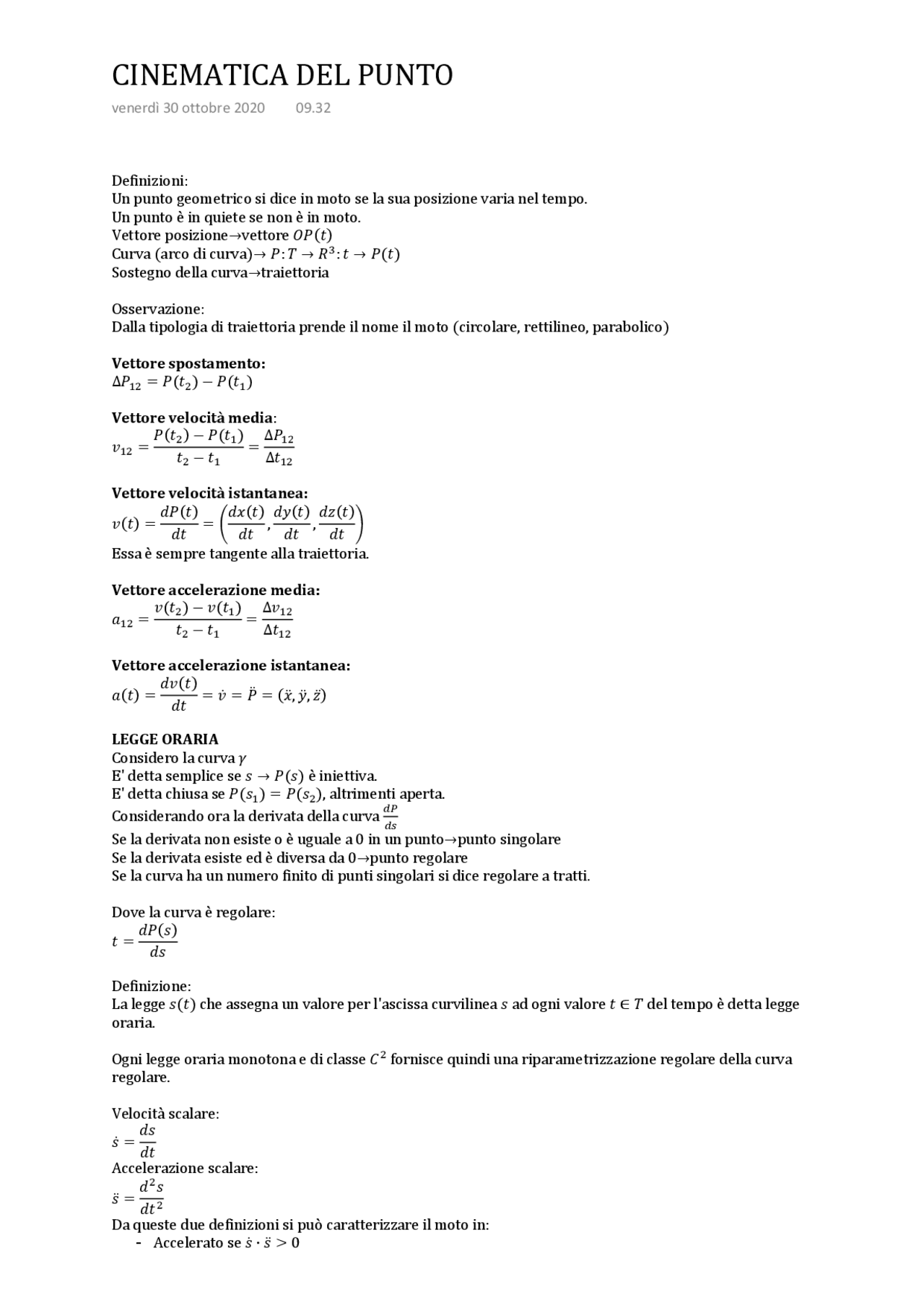 CINEMATICA DEL PUNTO MATERIALE - Docsity