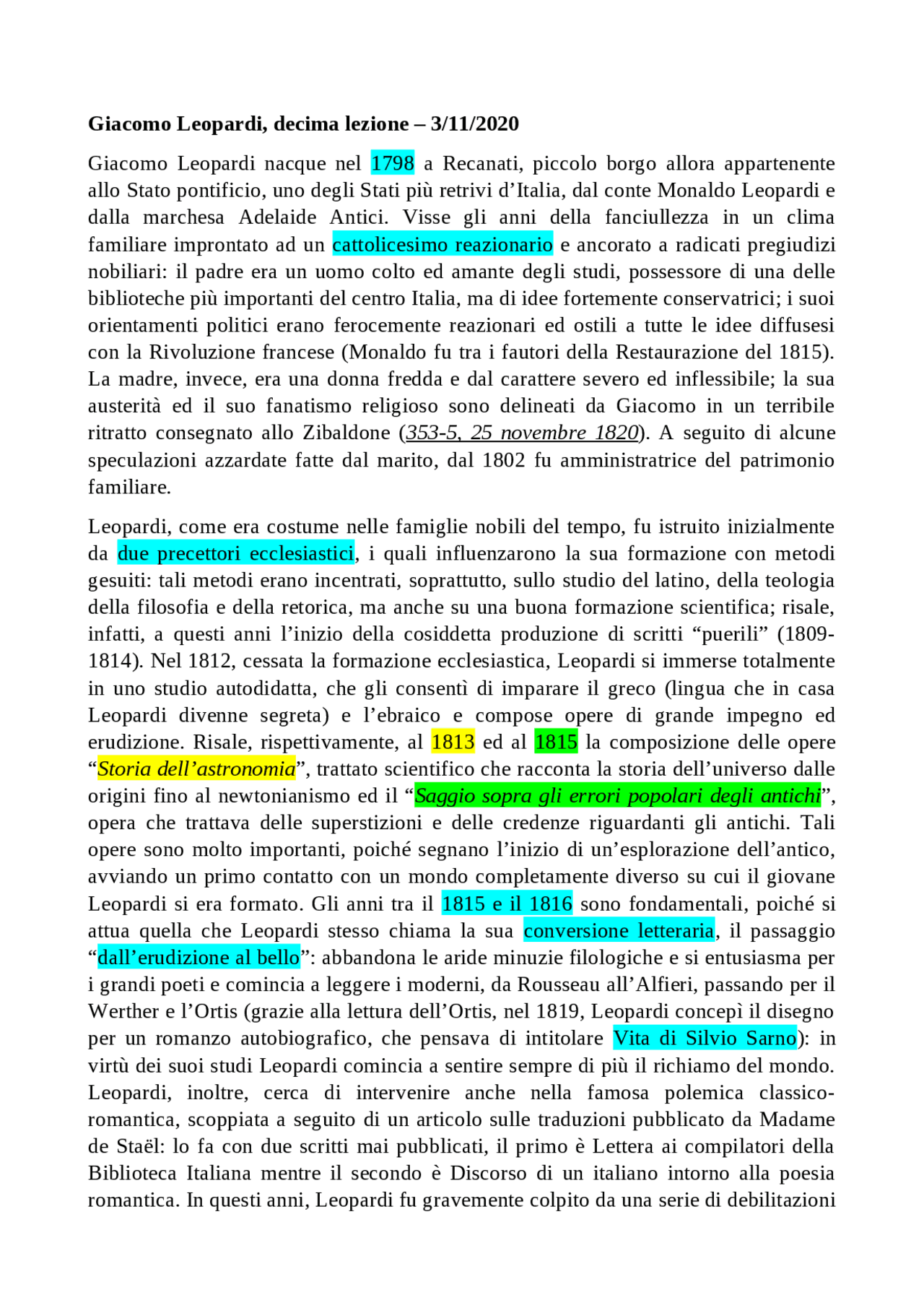 Biografia Giacomo Leopardi - Docsity
