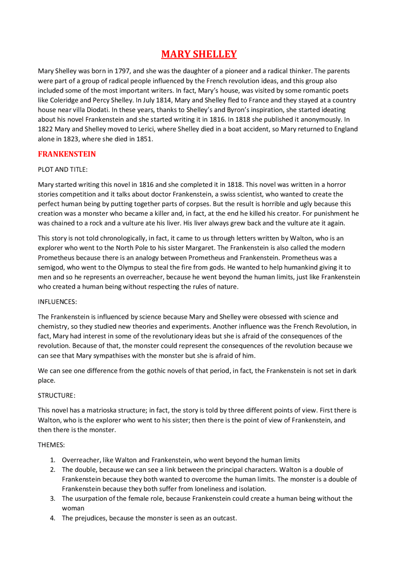 Mary Shelley And Frankenstein Docsity
