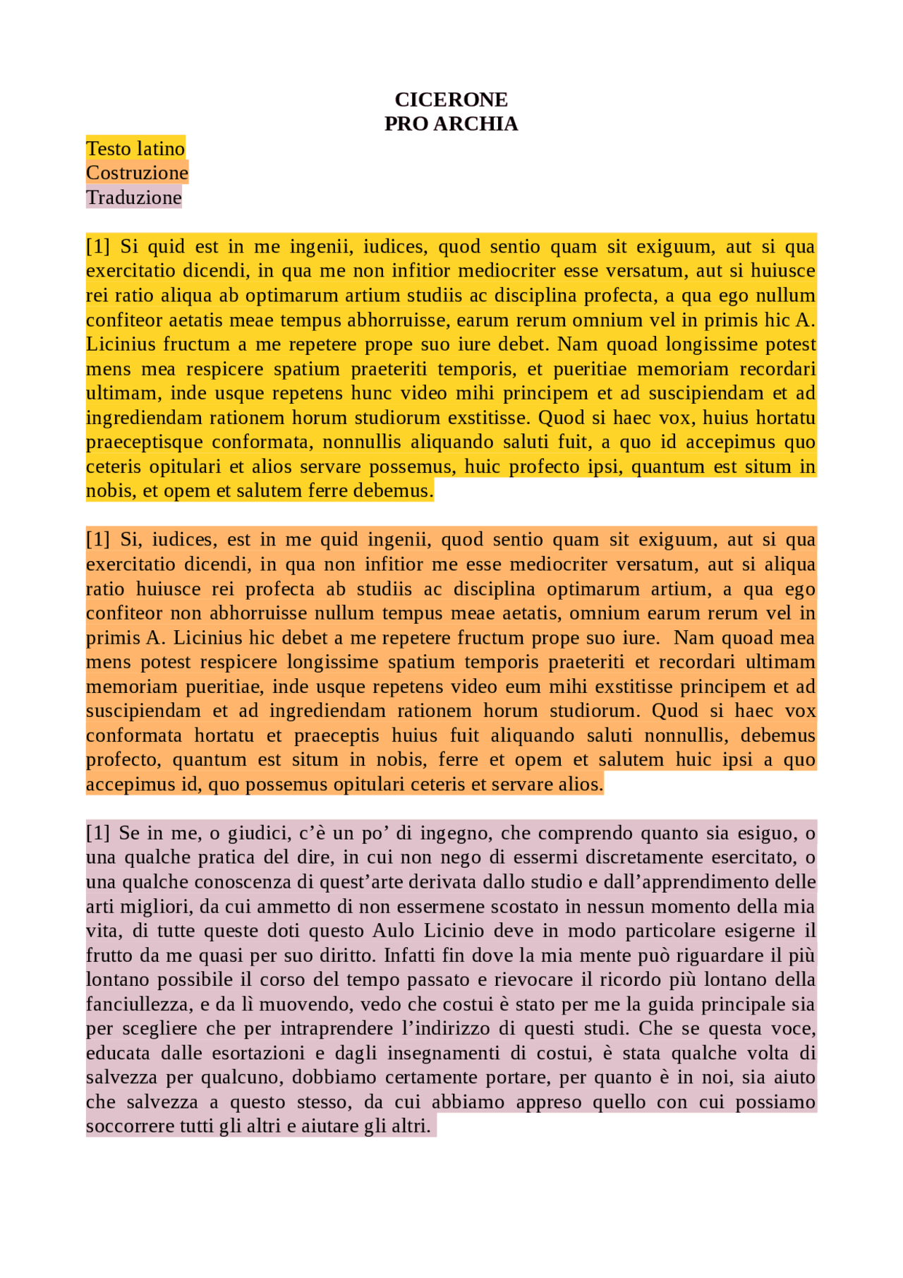 Costruzione e traduzione Pro Archia - Cicerone - Docsity