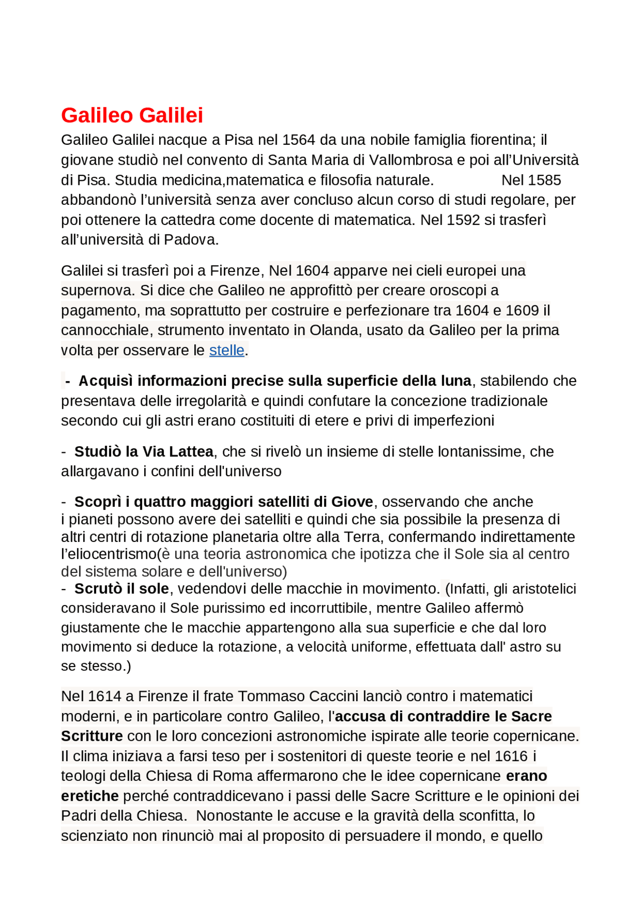 Galileo Galilei Vita Opere Scoperte E Metodo Docsity