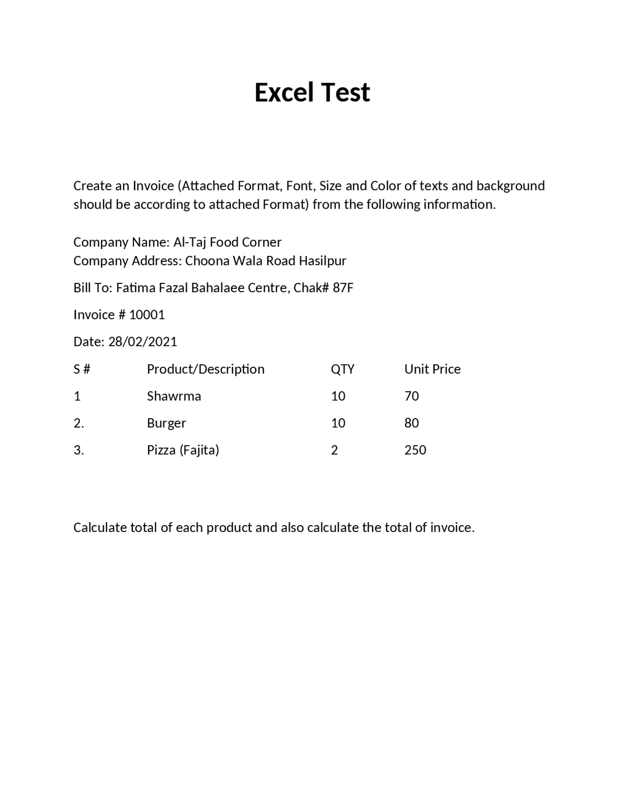 Micro Soft Excel test - Docsity