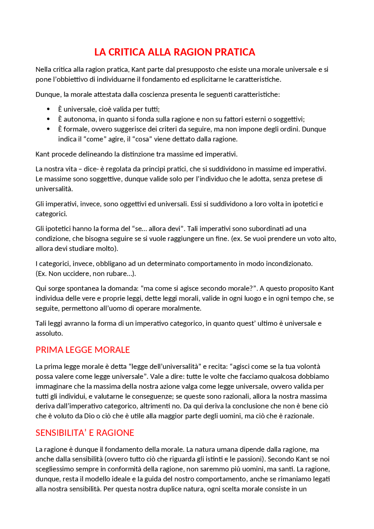 La Critica Alla Ragion Pratica Kant Docsity