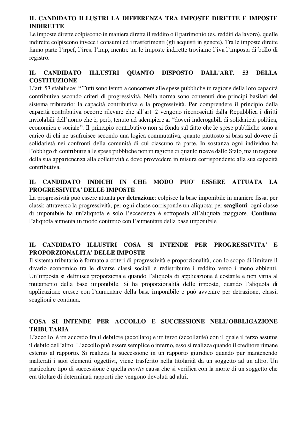 Risposte aperte diritto tributario (L-14 servizi giuridici d'impresa ecampus) - Docsity