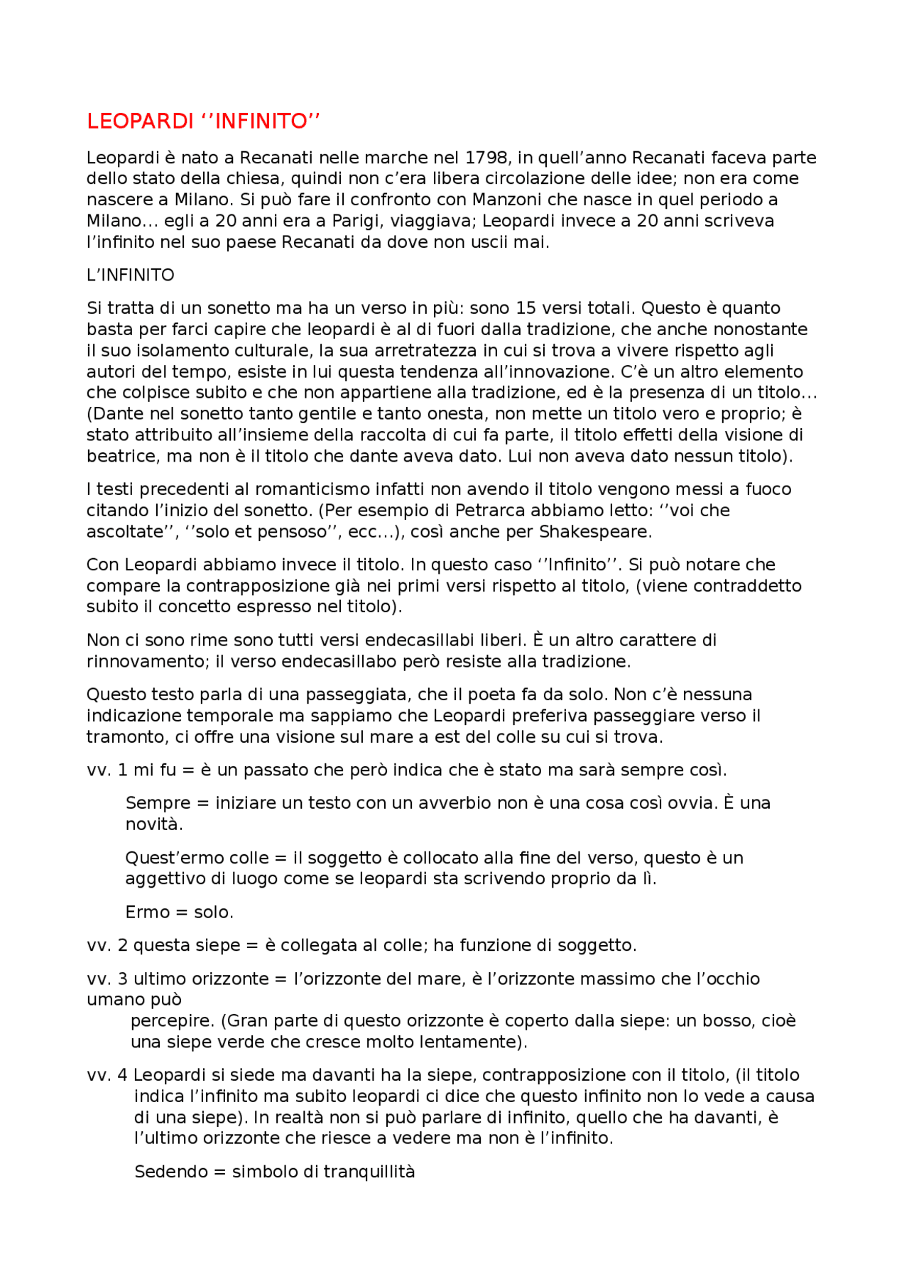 Testo Leopardi Infinito Appunti Di Letteratura Docsity