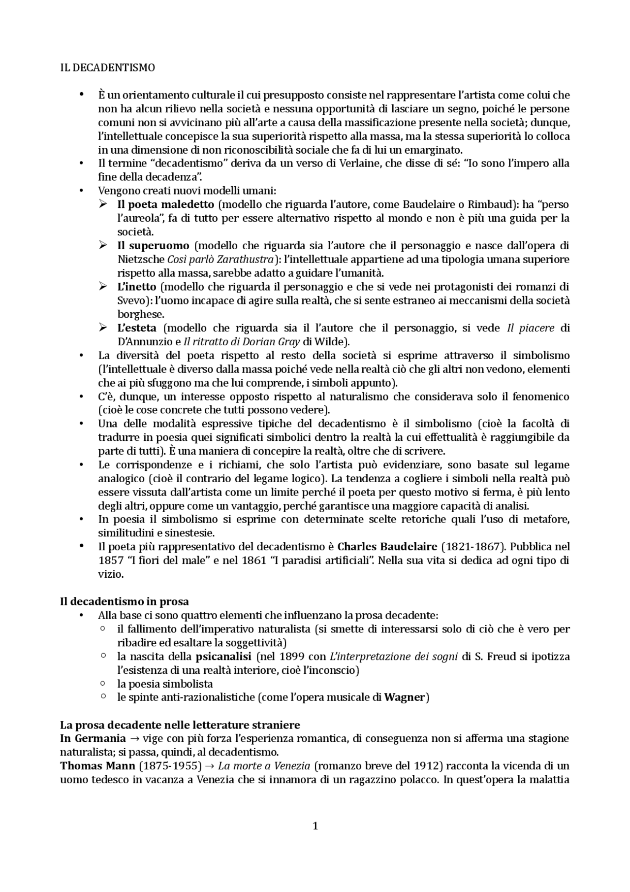 Il Decadentismo In Sintesi Docsity