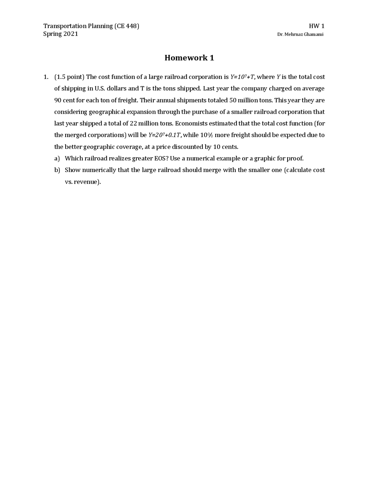 CE 448 Transportation Planning HW 1 - Docsity