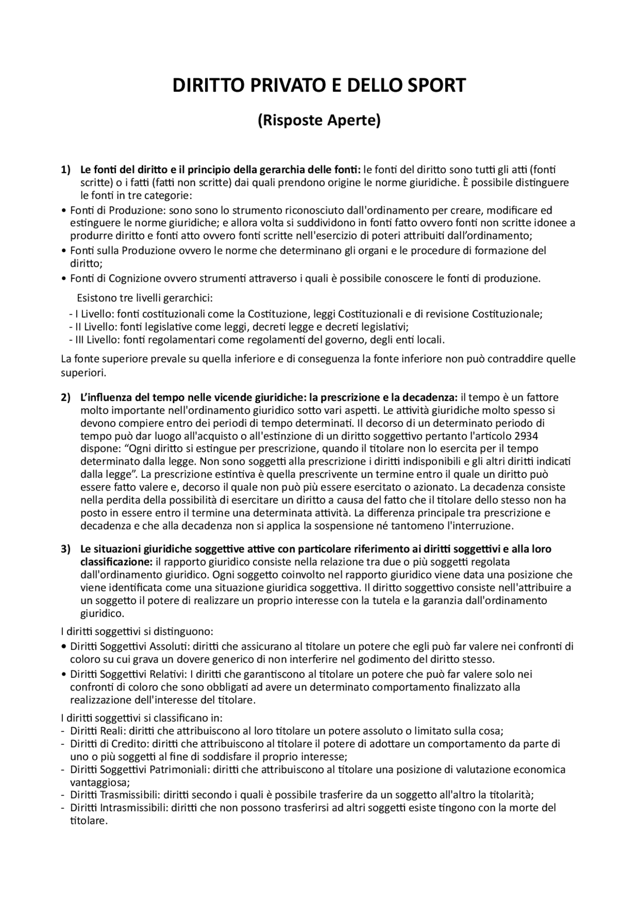 Paniere Diritto Privato e dello Sport RISPOSTE APERTE Prof Chisci Tiziana Scienze Motorie ...