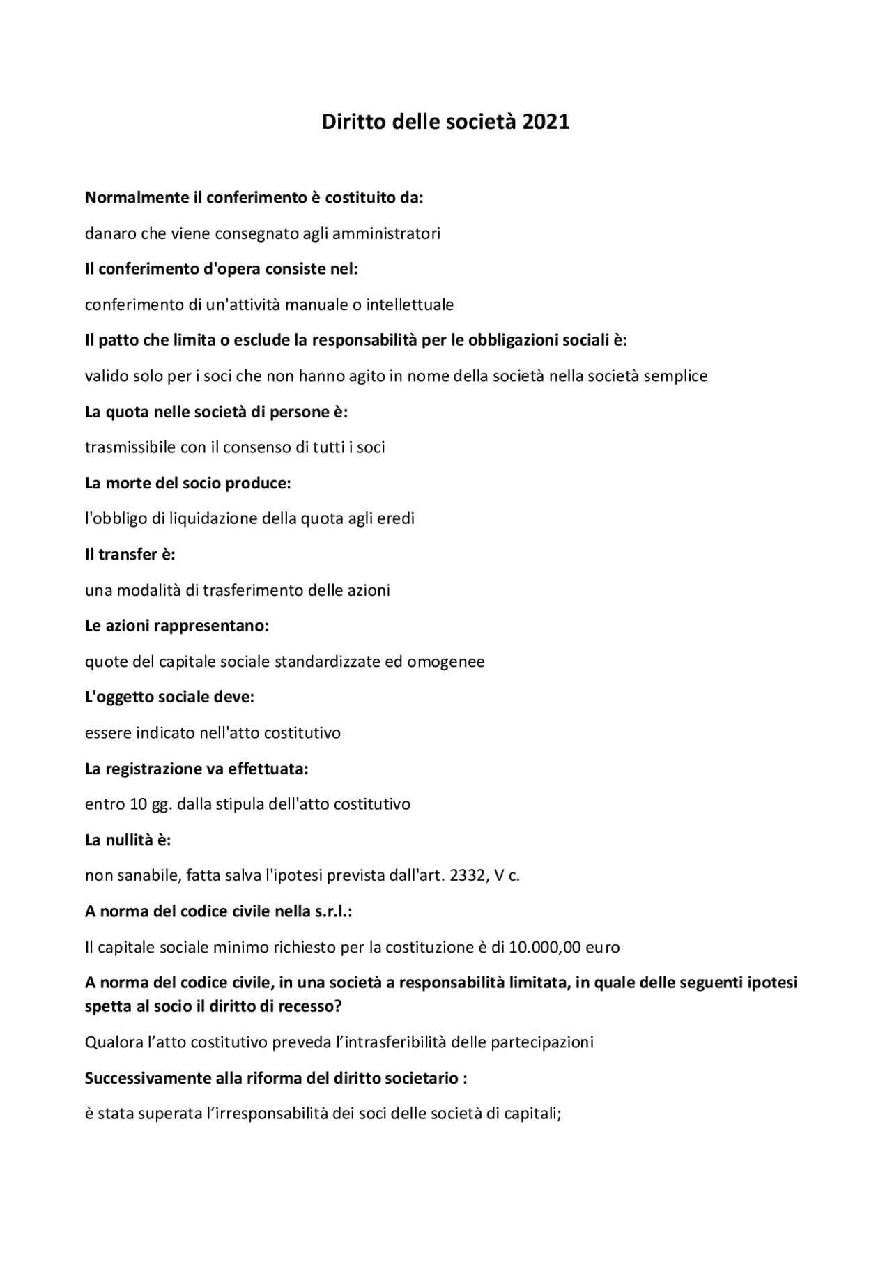 Test Autovalutazione Pegaso Diritto Delle Società Aggiornato 2021 Docsity