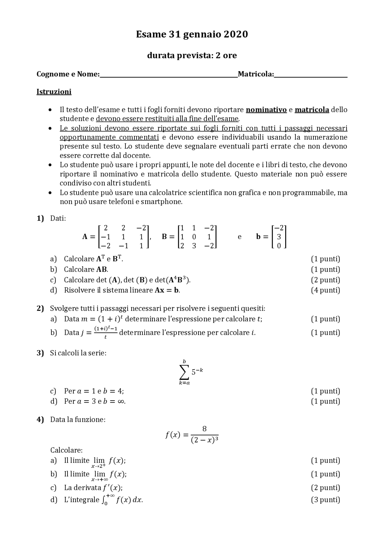 Esame Matematica Generale Docsity