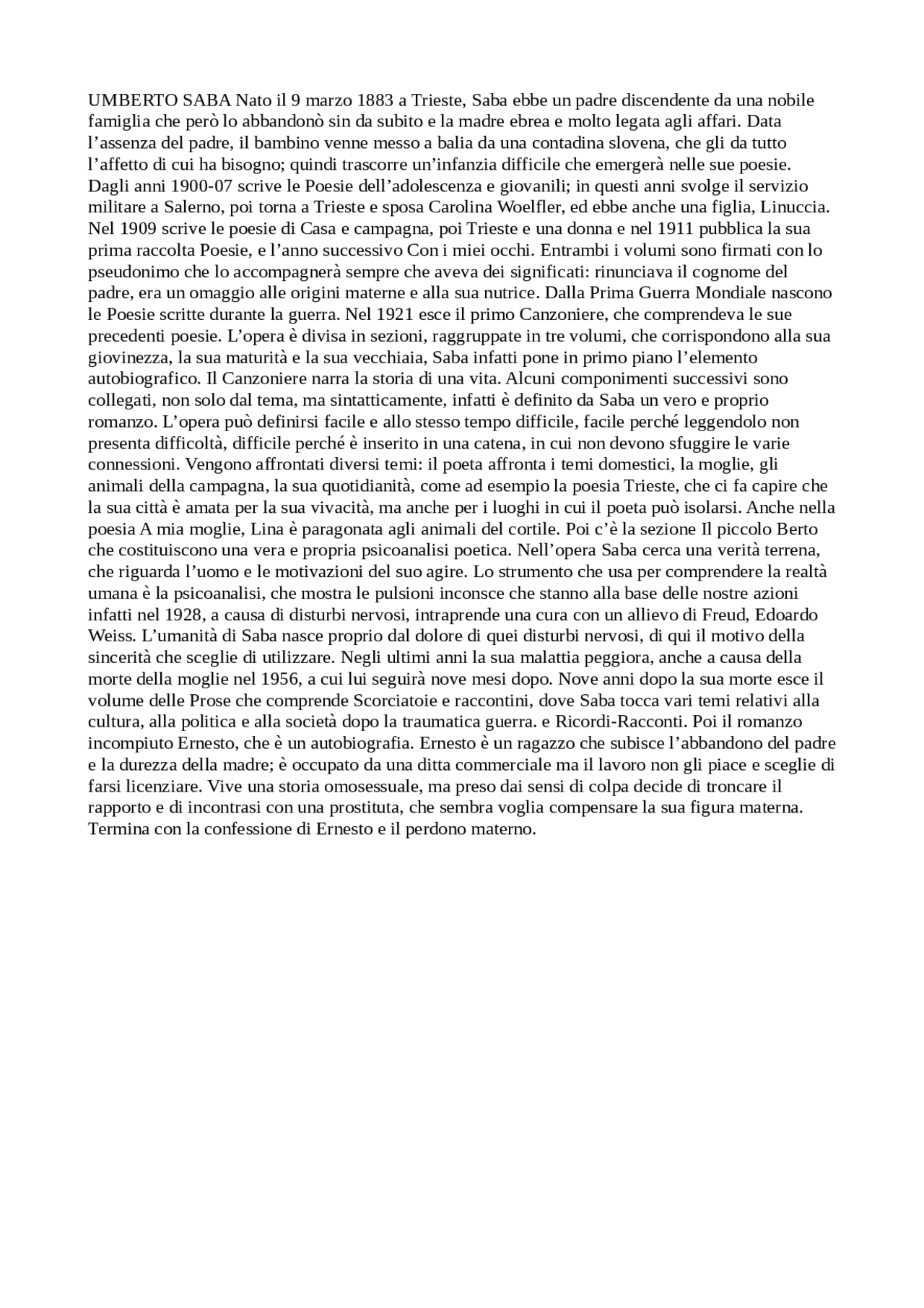 Breve Sintesi Umberto Saba Docsity