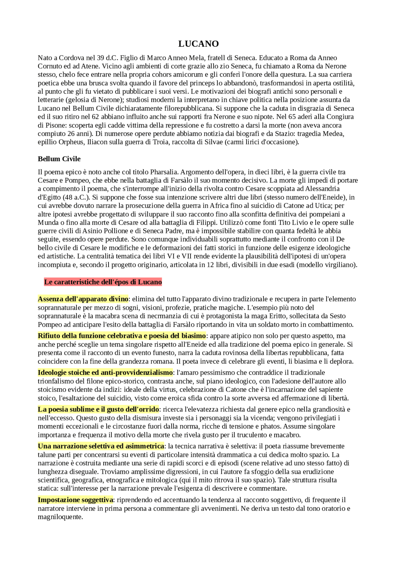 Lucano Vita Ed Opere Docsity
