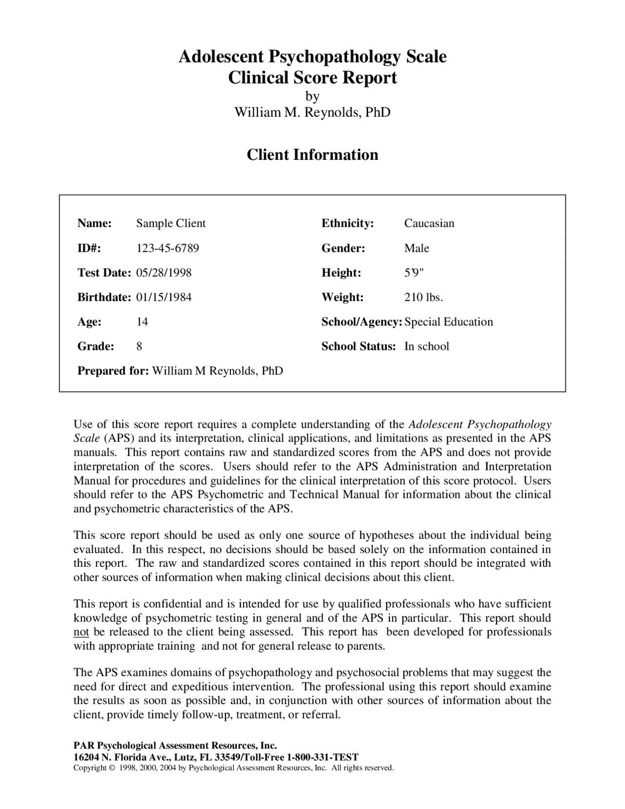 Adolescent Psychopathology Scale Clinical Score Report - Docsity