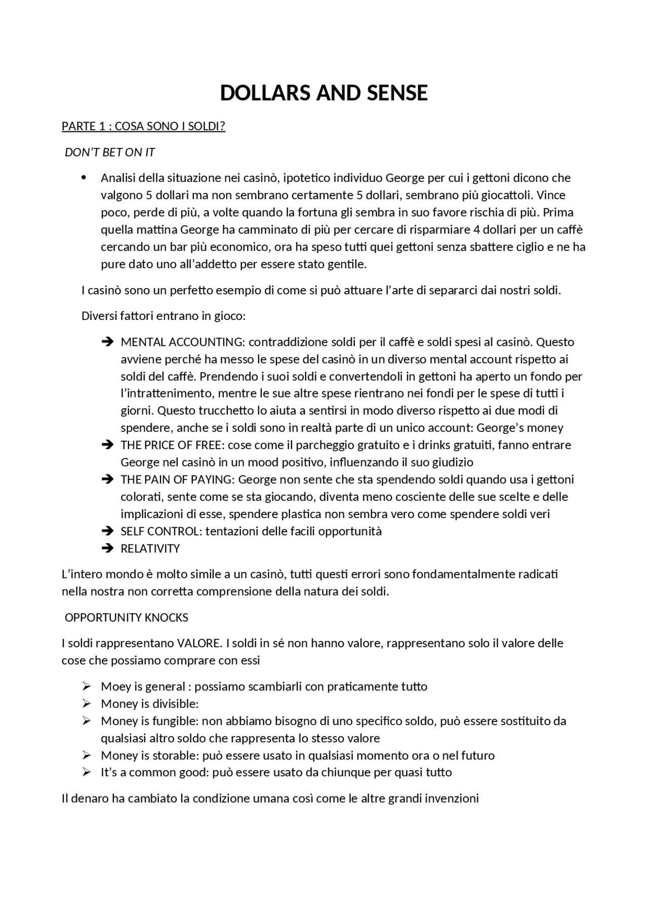 DOLLAR AND SENSE riassunto - Docsity