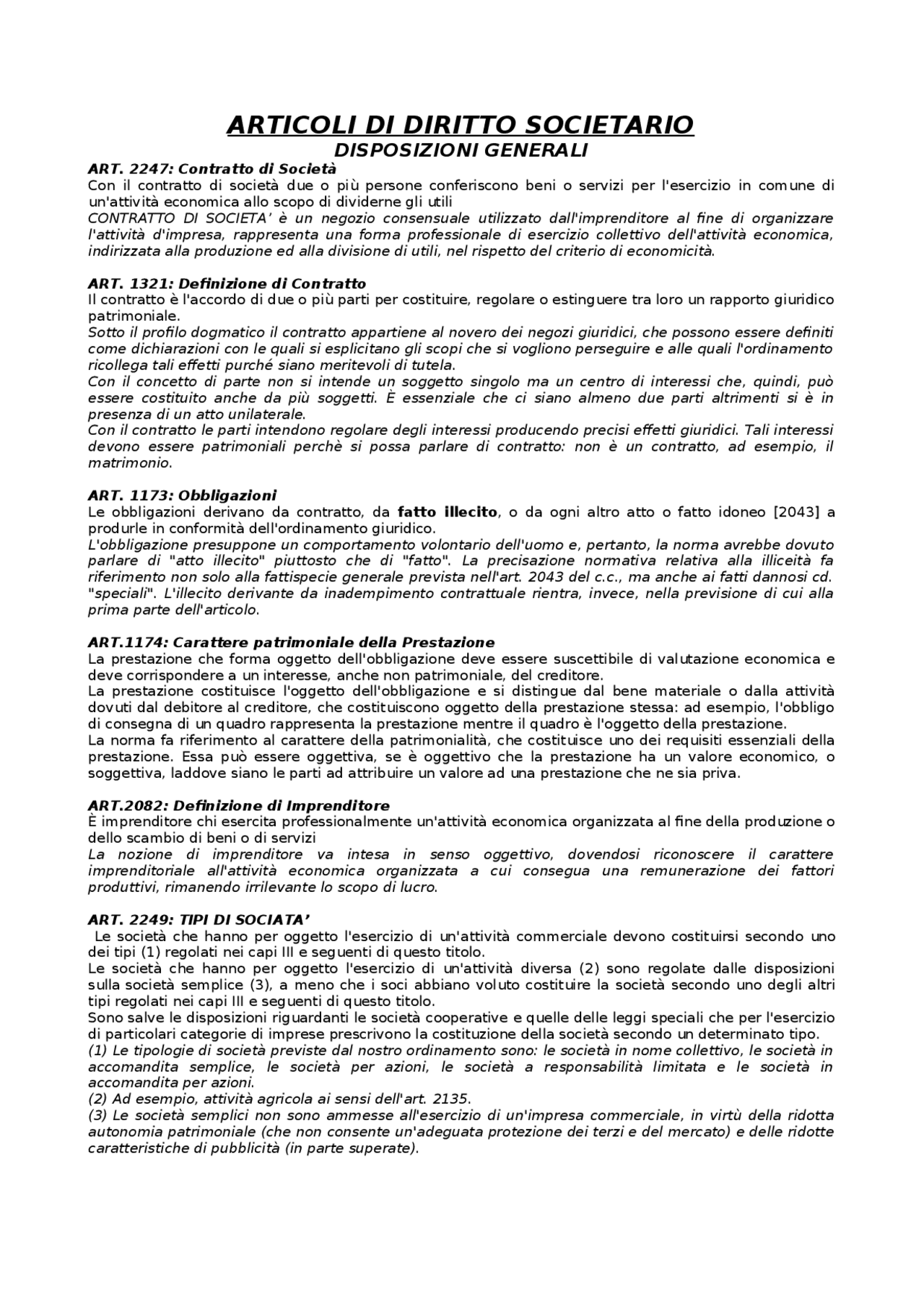 Articoli Diritto Societario Docsity