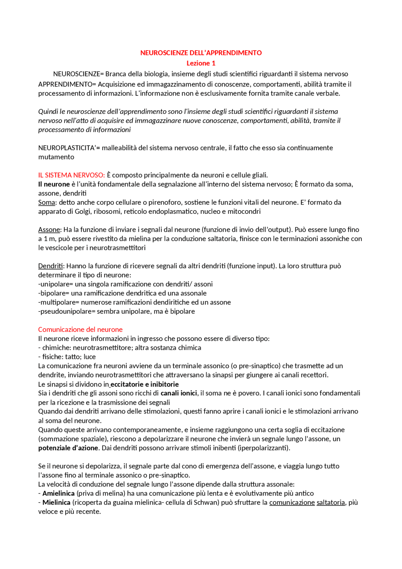 Appunti Neuroscienze Docsity