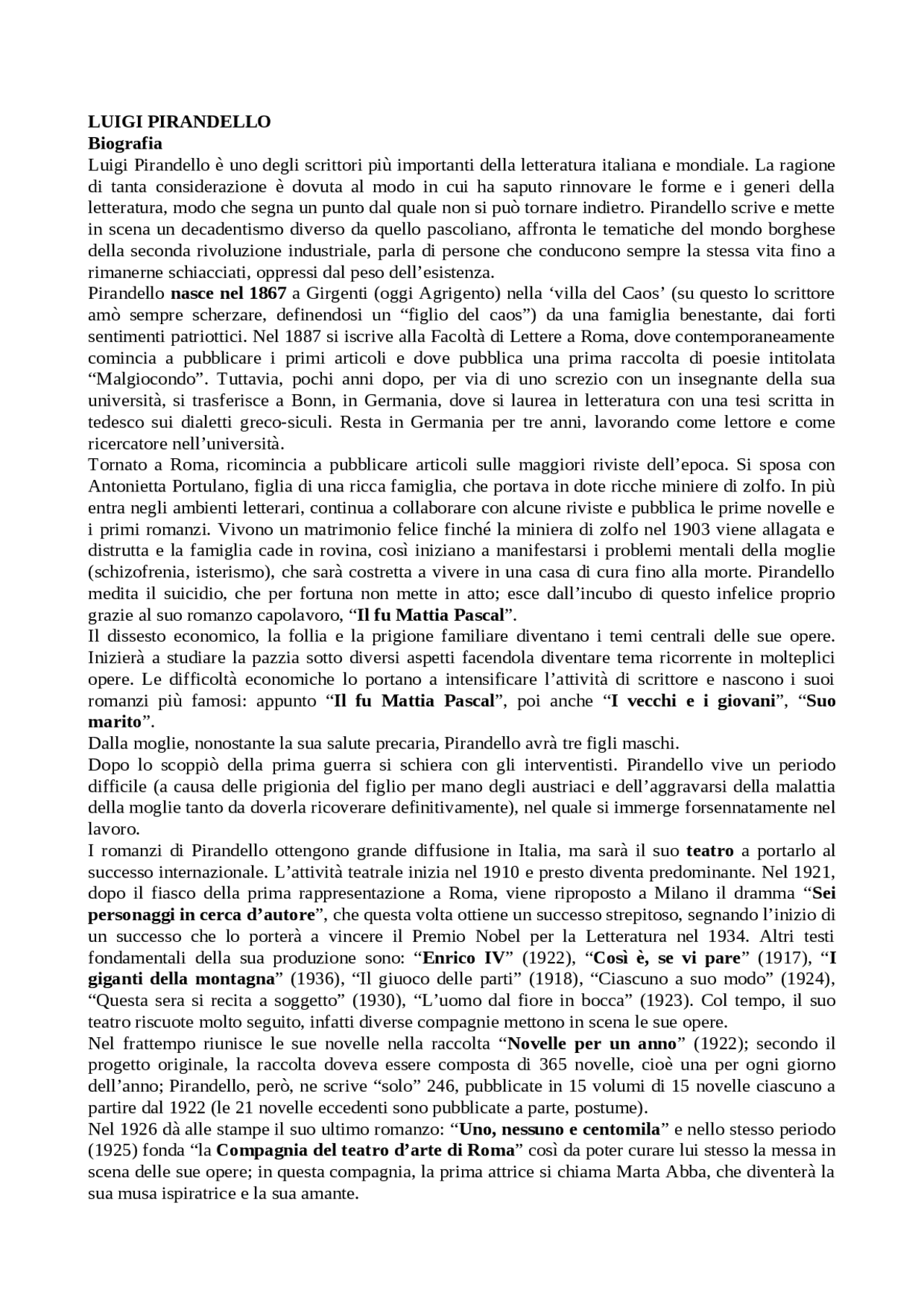 Riassunto Pirandello Docsity