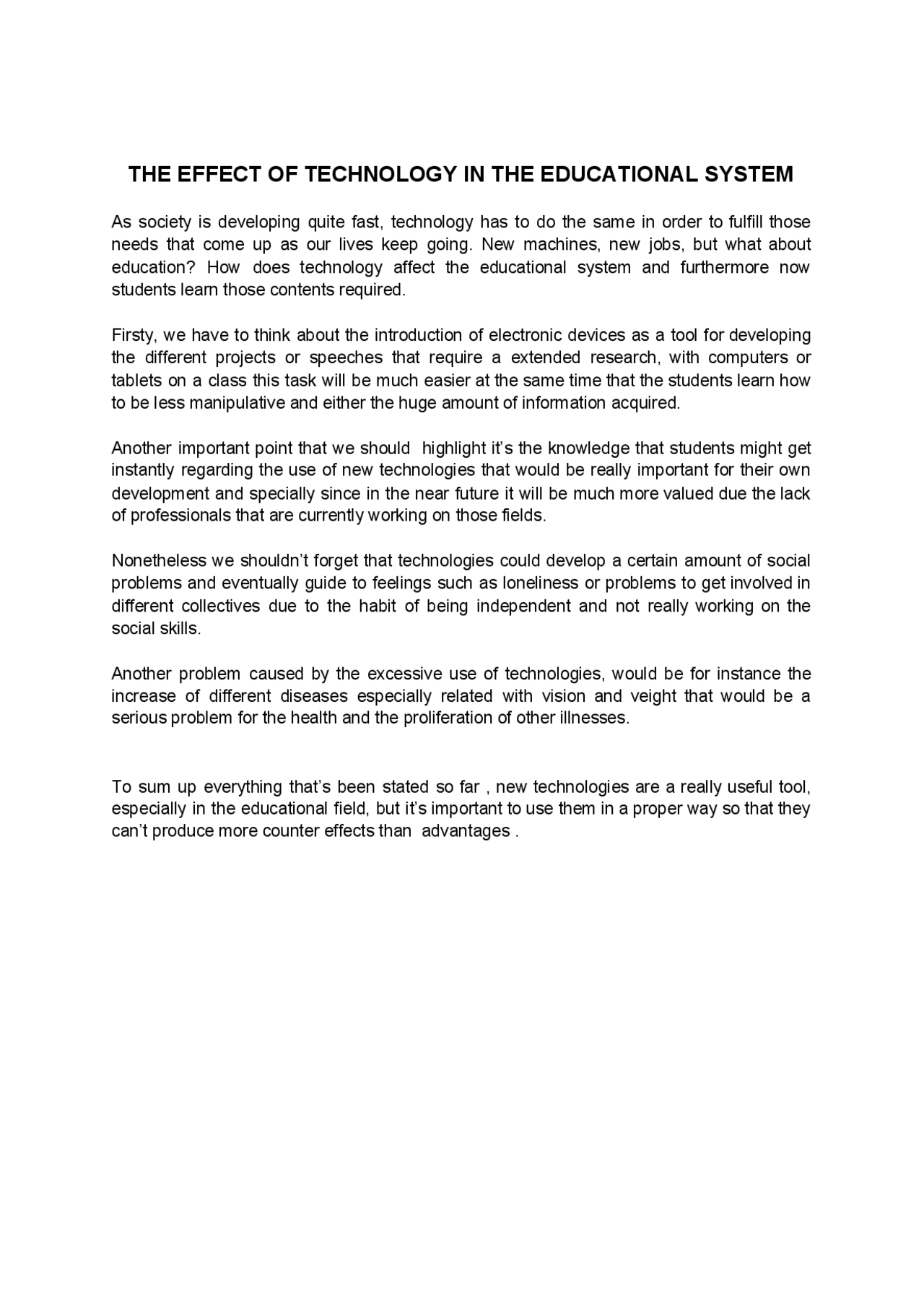 THE EFFECT OF TECHNOLOGY IN THE EDUCATIONAL SYSTEM | Ejercicios de Inglés | Docsity