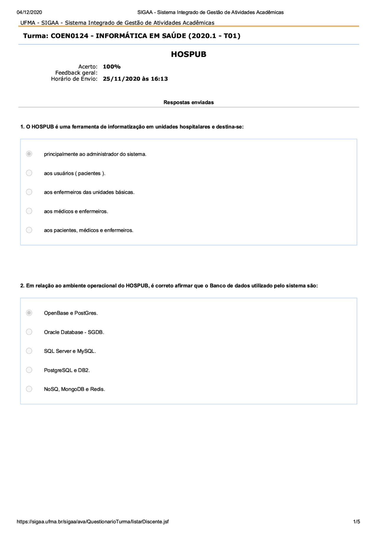 Informatica Em Saúde Questionário Docsity