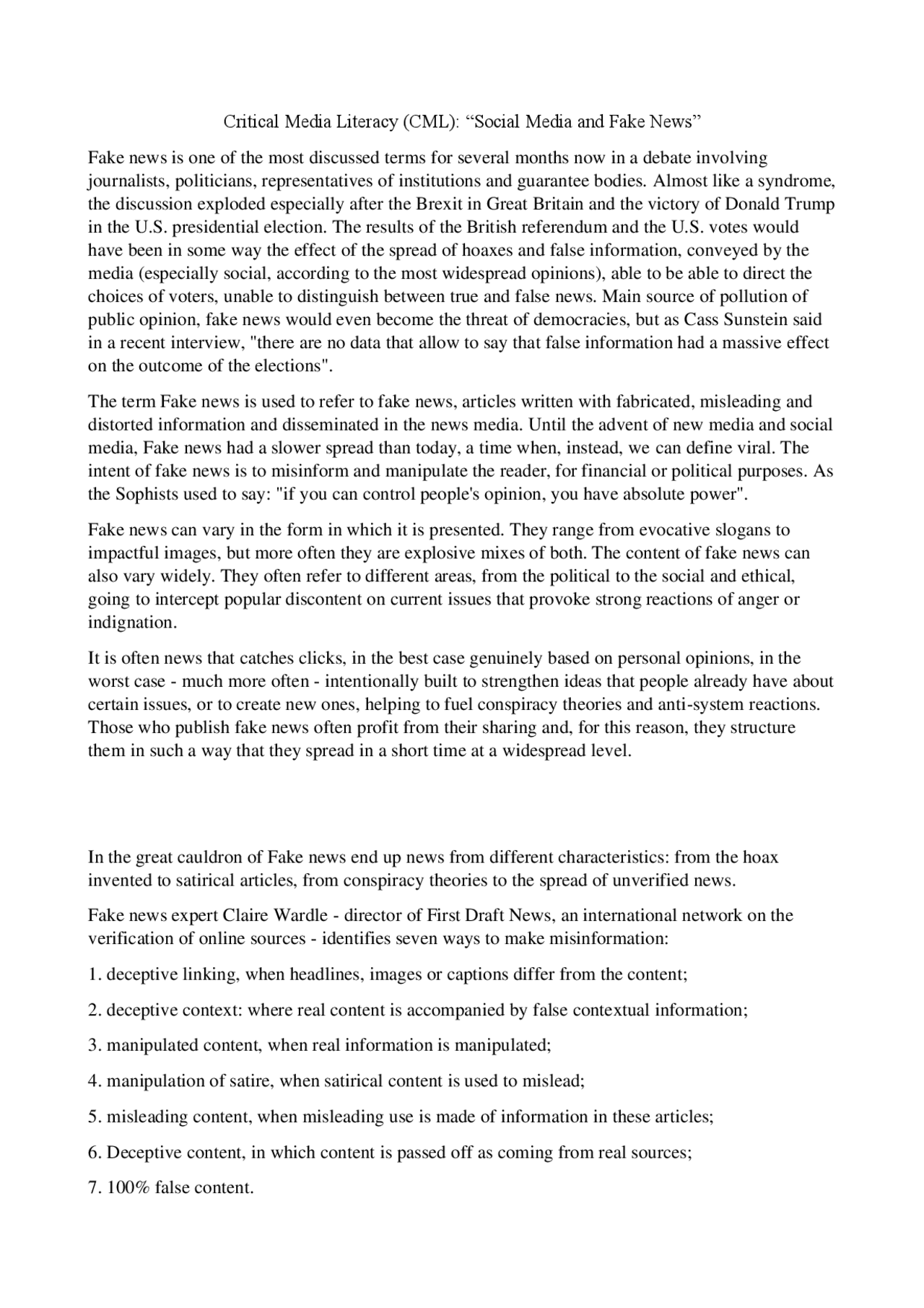 Critical Media Literacy (CML): “Social Media and Fake News” - Docsity