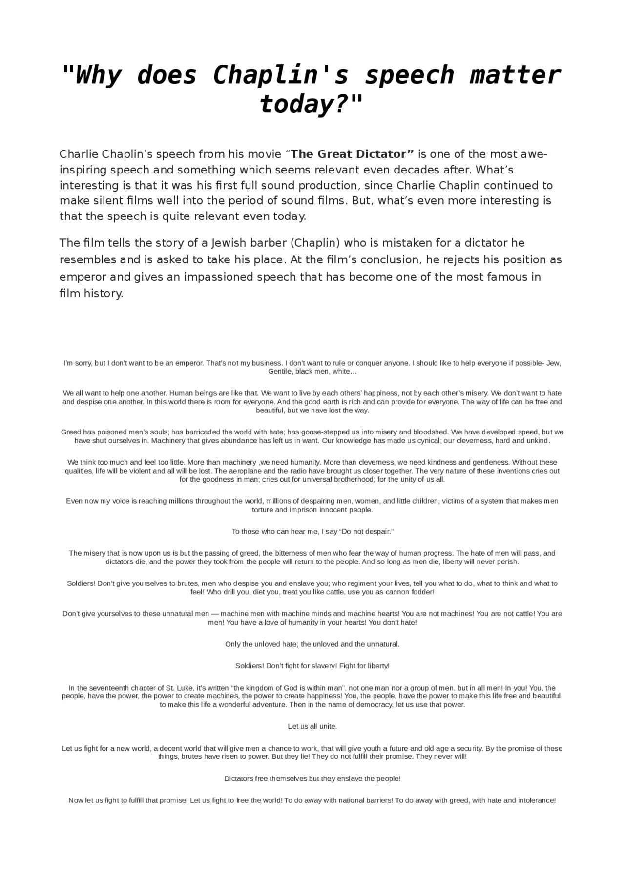 The Relevance of Chaplin's Impassioned Speech in 'The Great Dictator ...