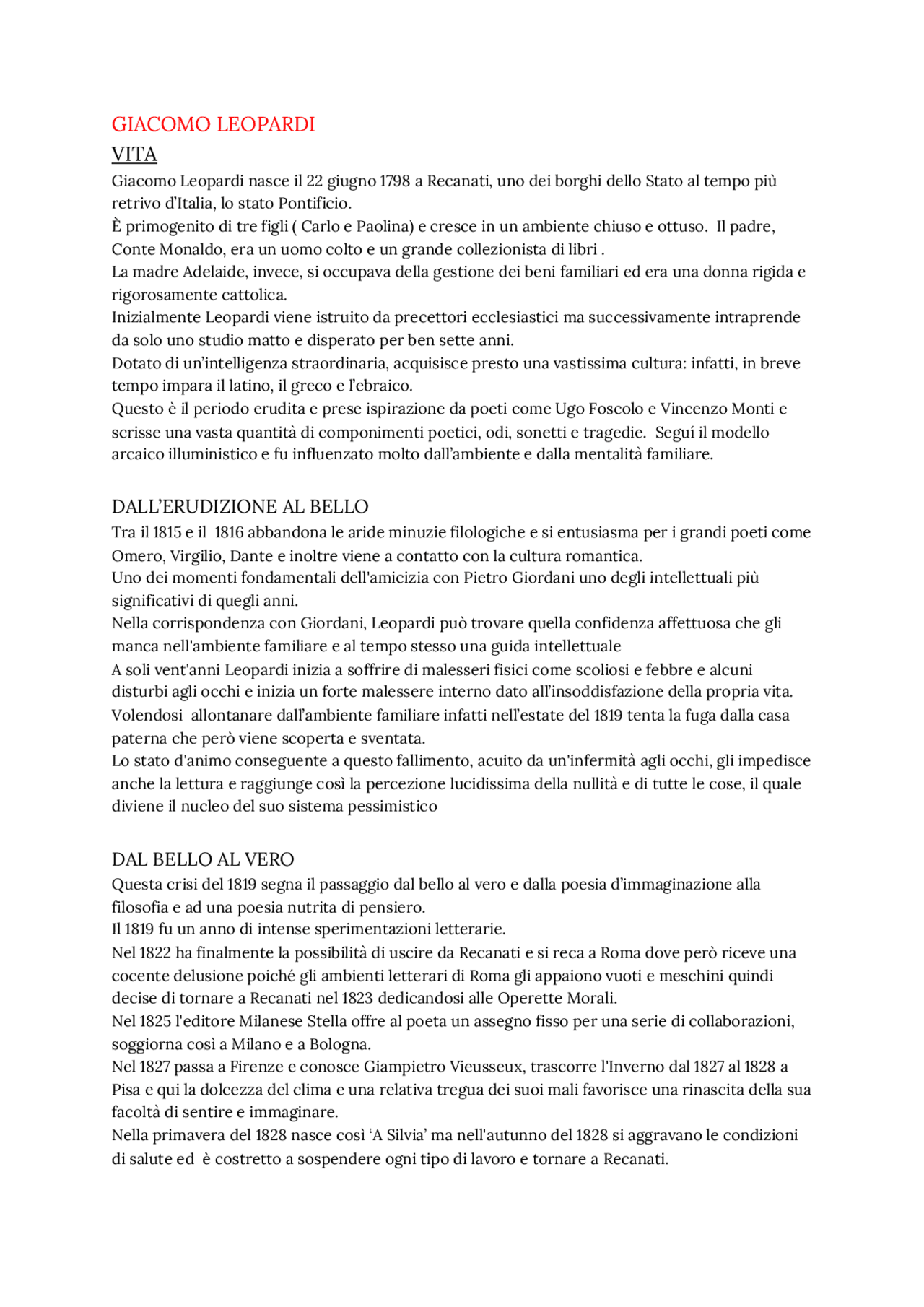 Leopardi Vita E Opere Docsity