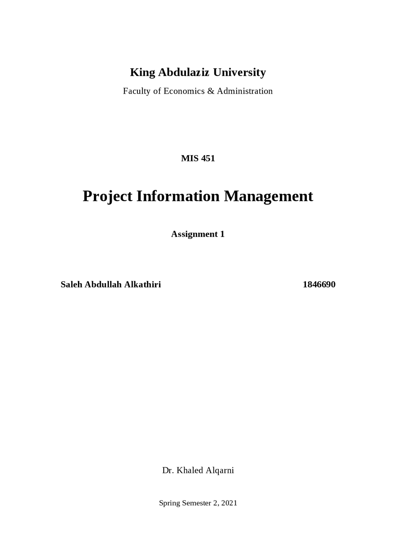 Project Information Management Assignment 1saleh Abdullah Docsity
