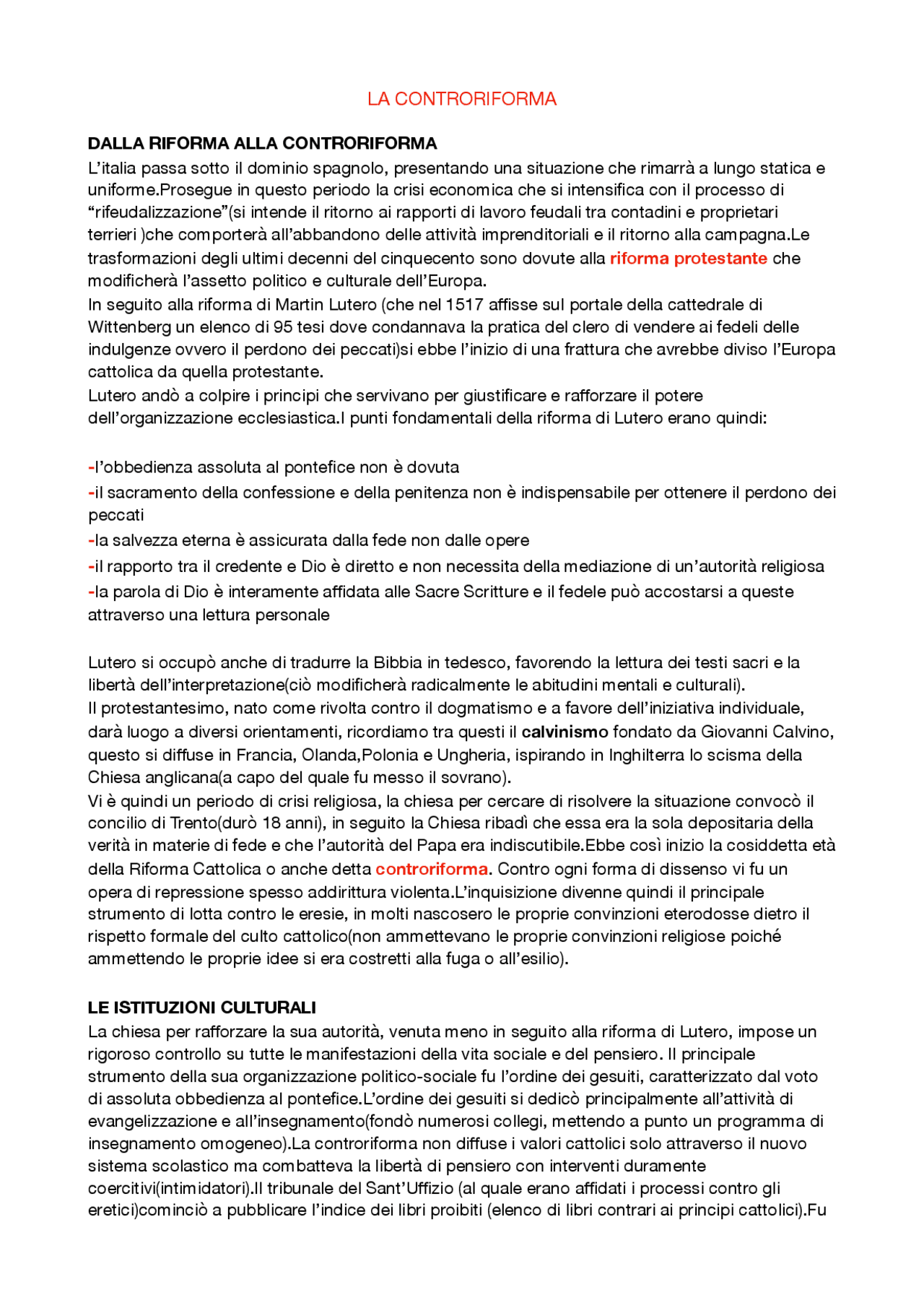 La controriforma (Italiano, quarta liceo) - Docsity