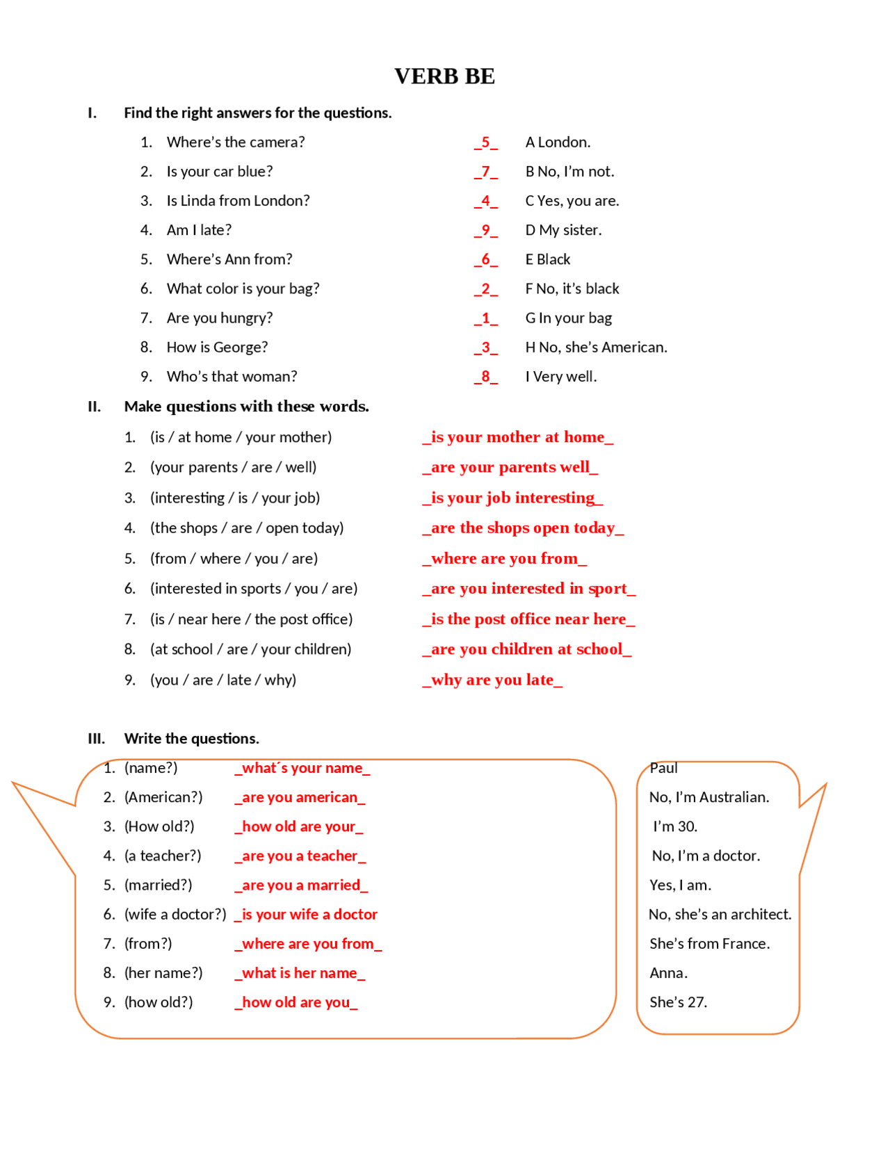11 Exercise 2 verb be questions - Docsity