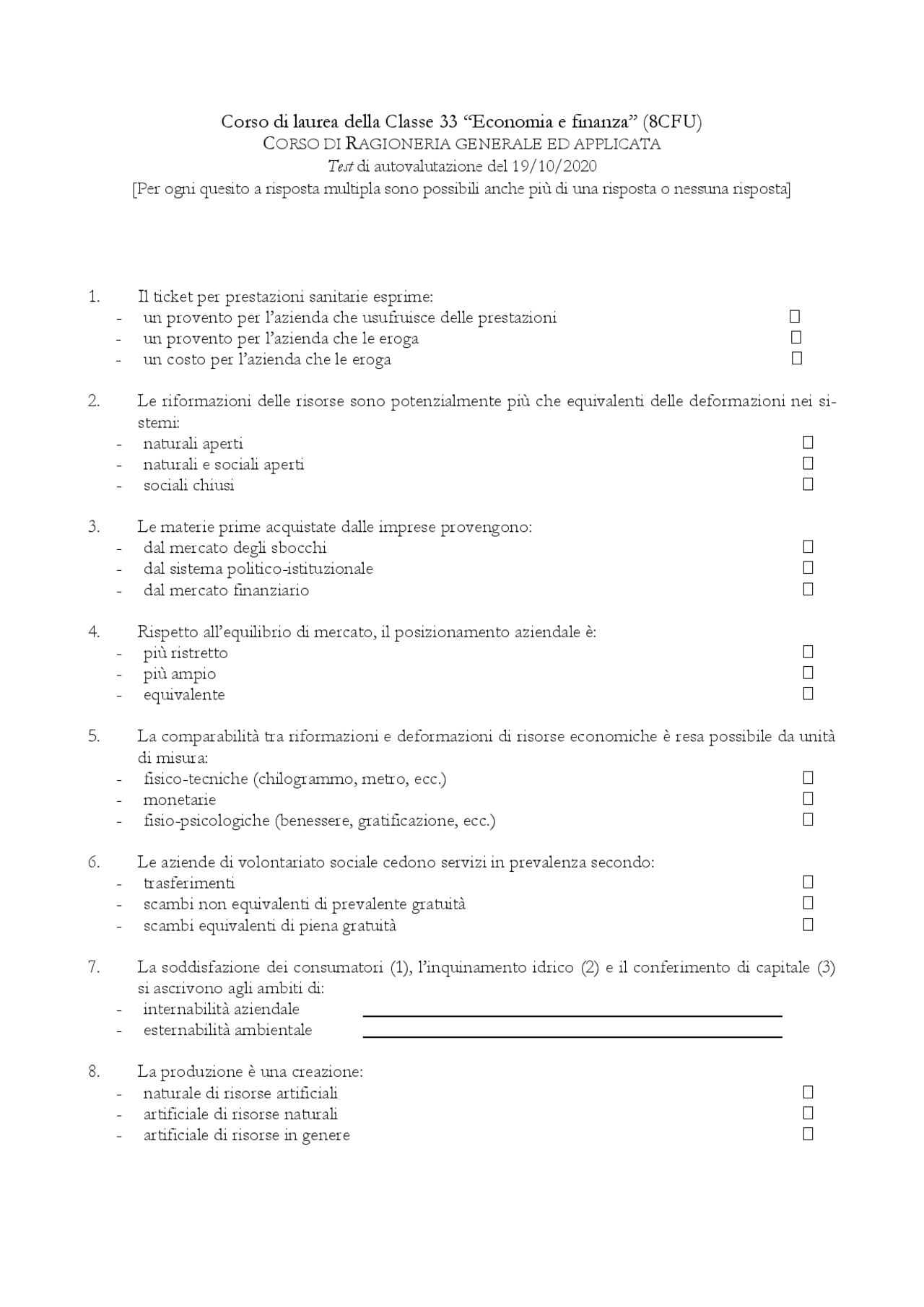 Test Autovalutazione Ragioneria Applicata Docsity