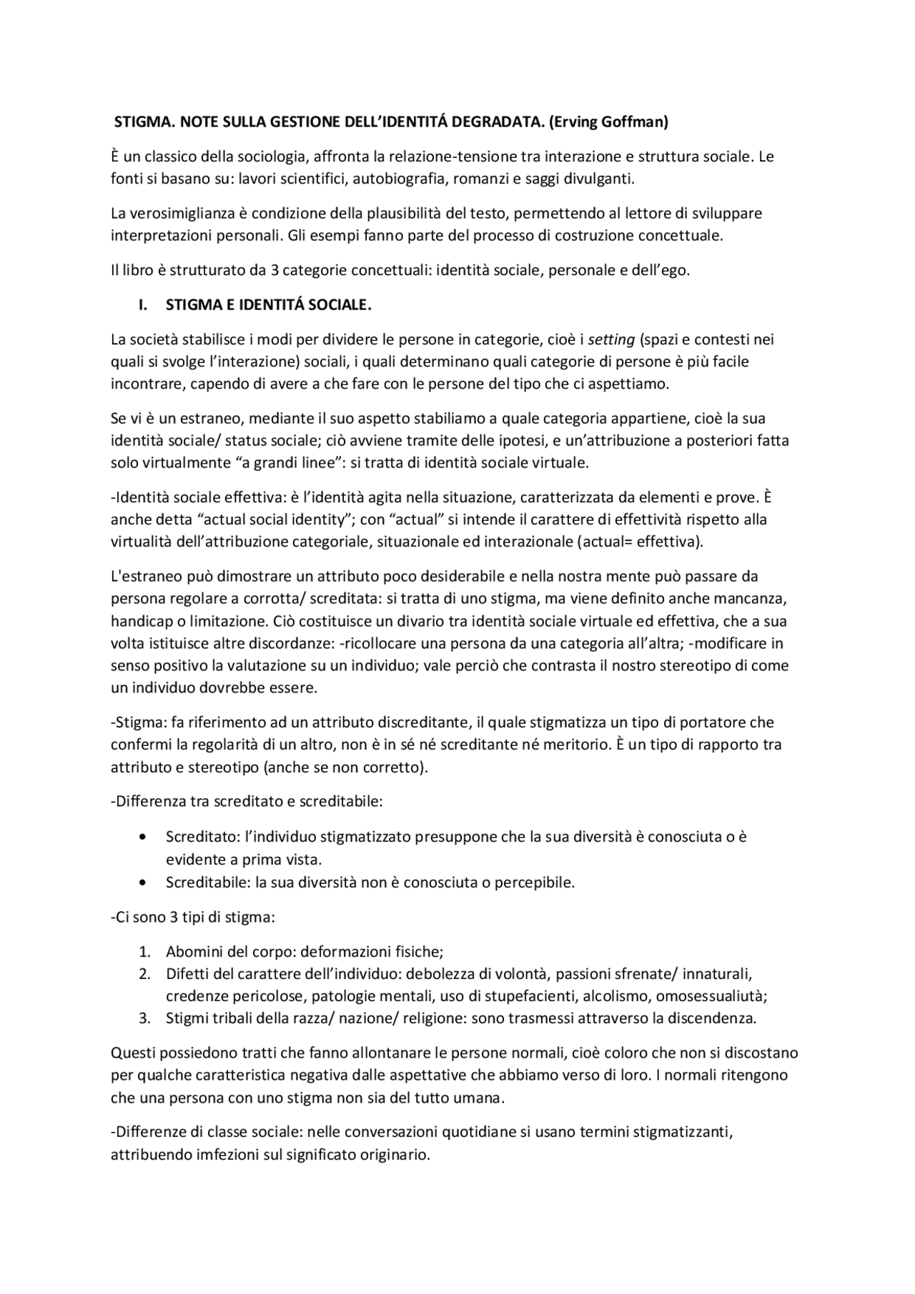 Stigma Note Sulla Gestione Di Unidentità Degradata Goffman Docsity