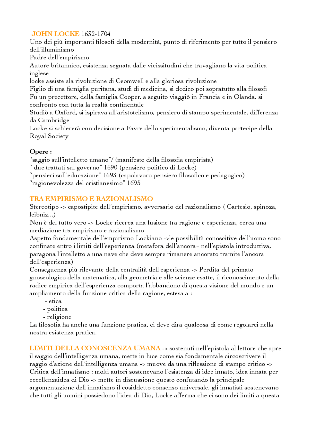 John Locke E I Pensieri Sulleducazione Docsity
