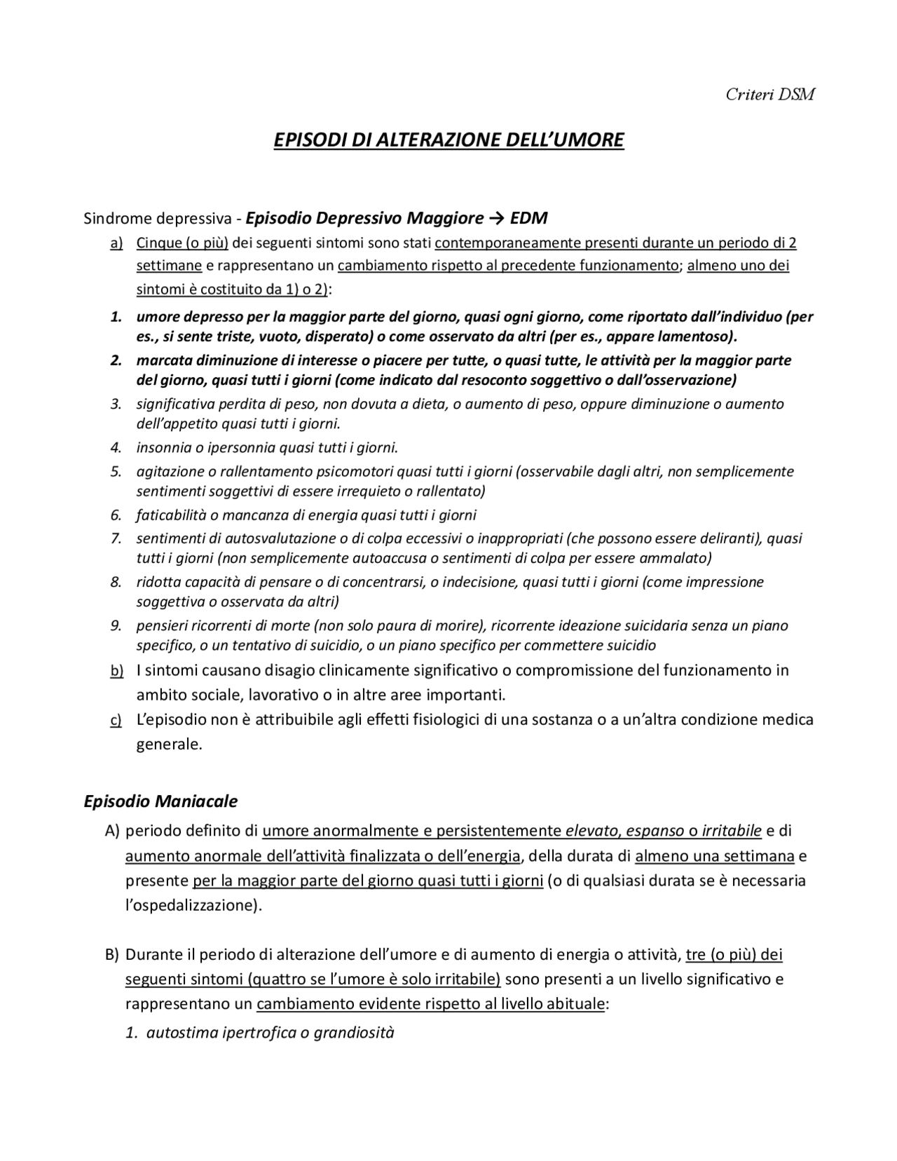 CRITERI DIAGNOSI DSM ESAME PSICOPATOLOGIA- PRUNAS ANTONIO - Docsity