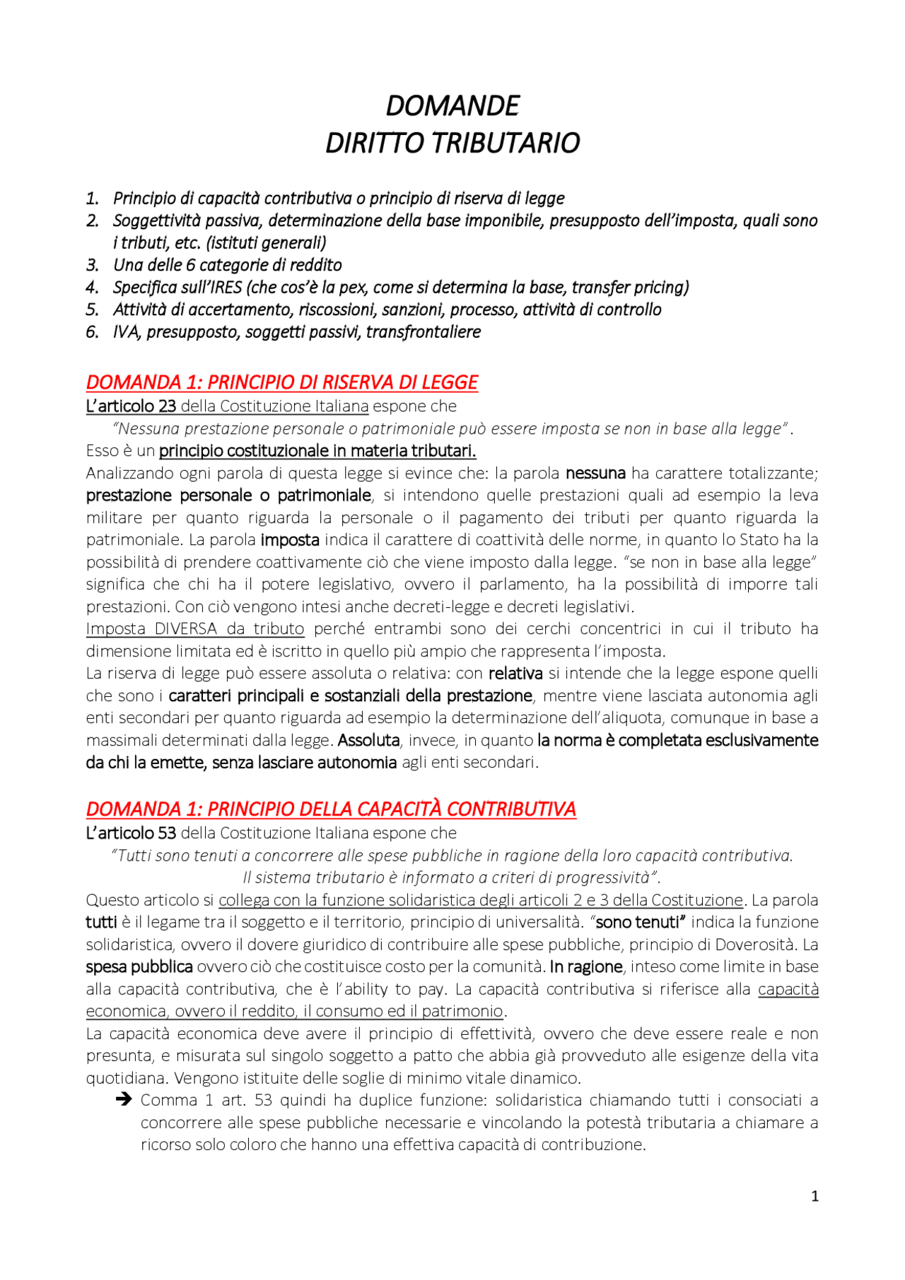 Diritto tributario - Esempio 6 domande | Prove d'esame di Diritto Tributario | Docsity
