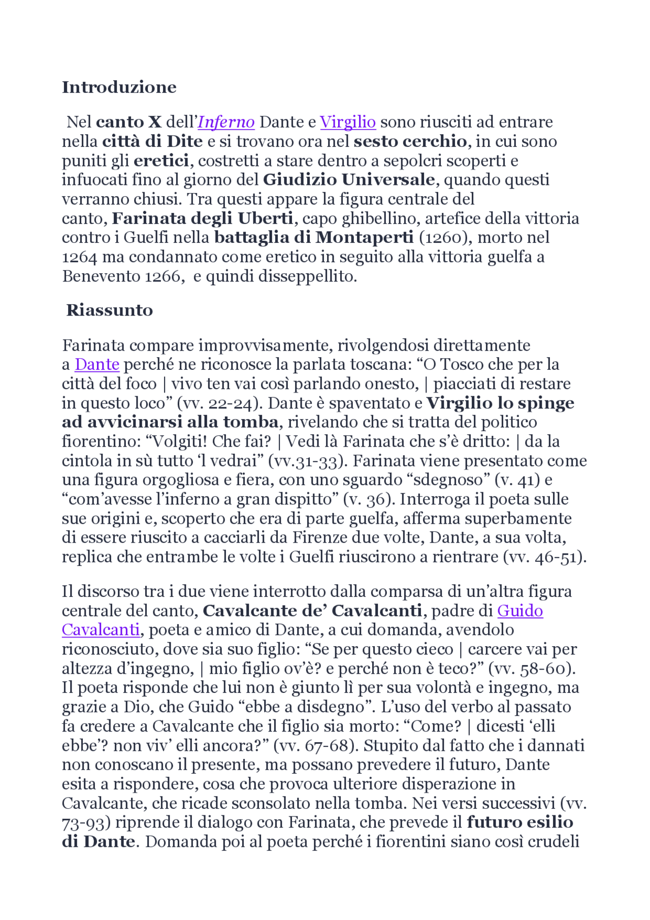 DIVINA COMMEDIA; CANTO X, INFERNO - Docsity