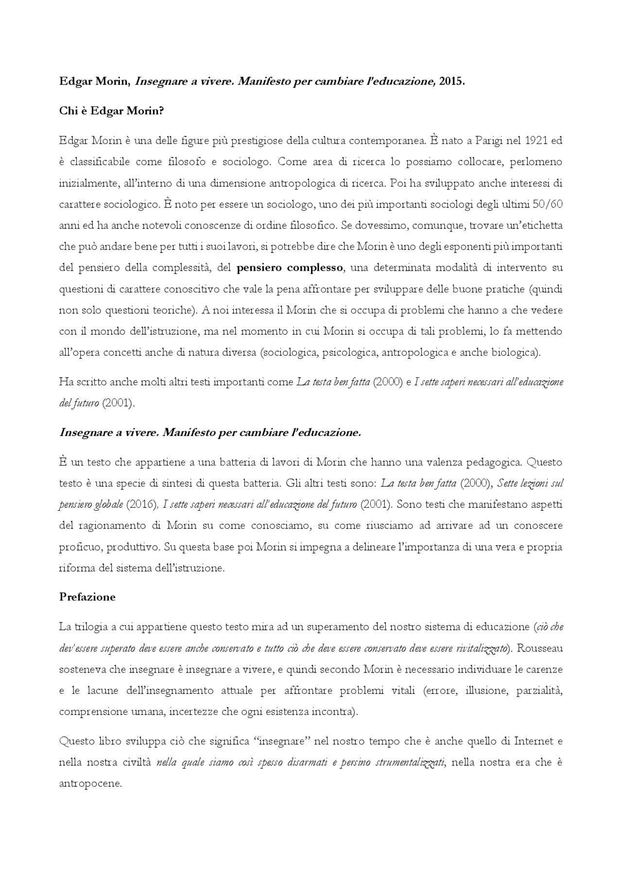 Riassunto Insegnare A Vivere Manifesto Per Cambiare Leducazione Docsity