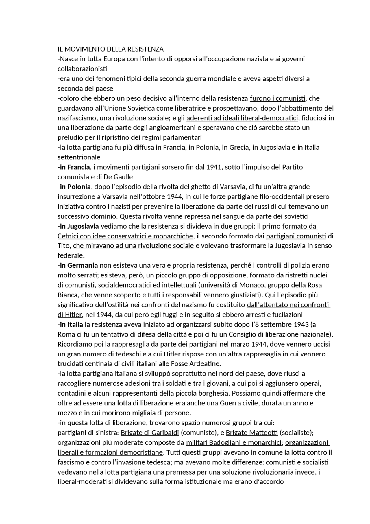 Il movimento della resistenza | Appunti di Storia Contemporanea | Docsity