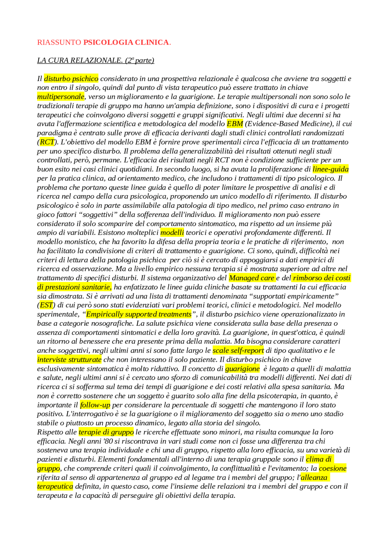 La Cura Relazionaleriassunto Docsity