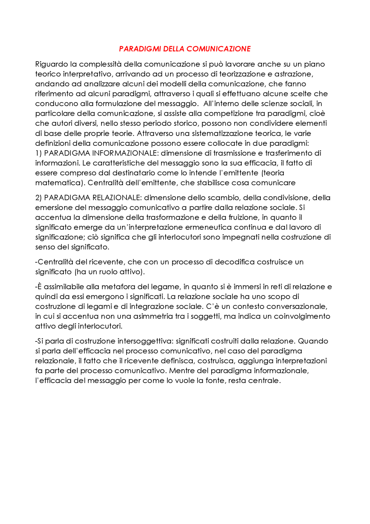 I Paradigmi Della Comunicazione Docsity