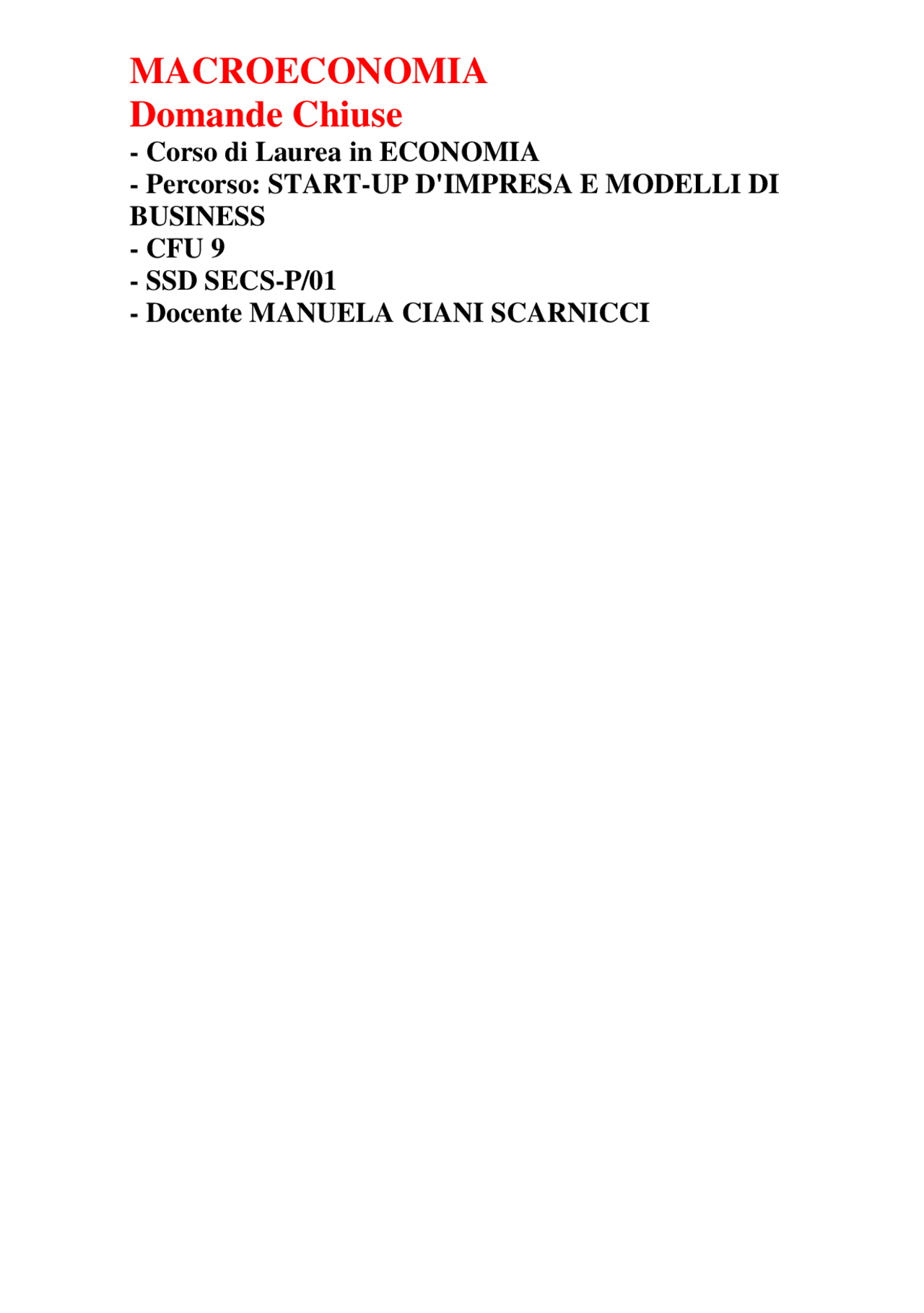 Macroeconomia Paniere Svolto Domande Chiuse Ecampus Docsity
