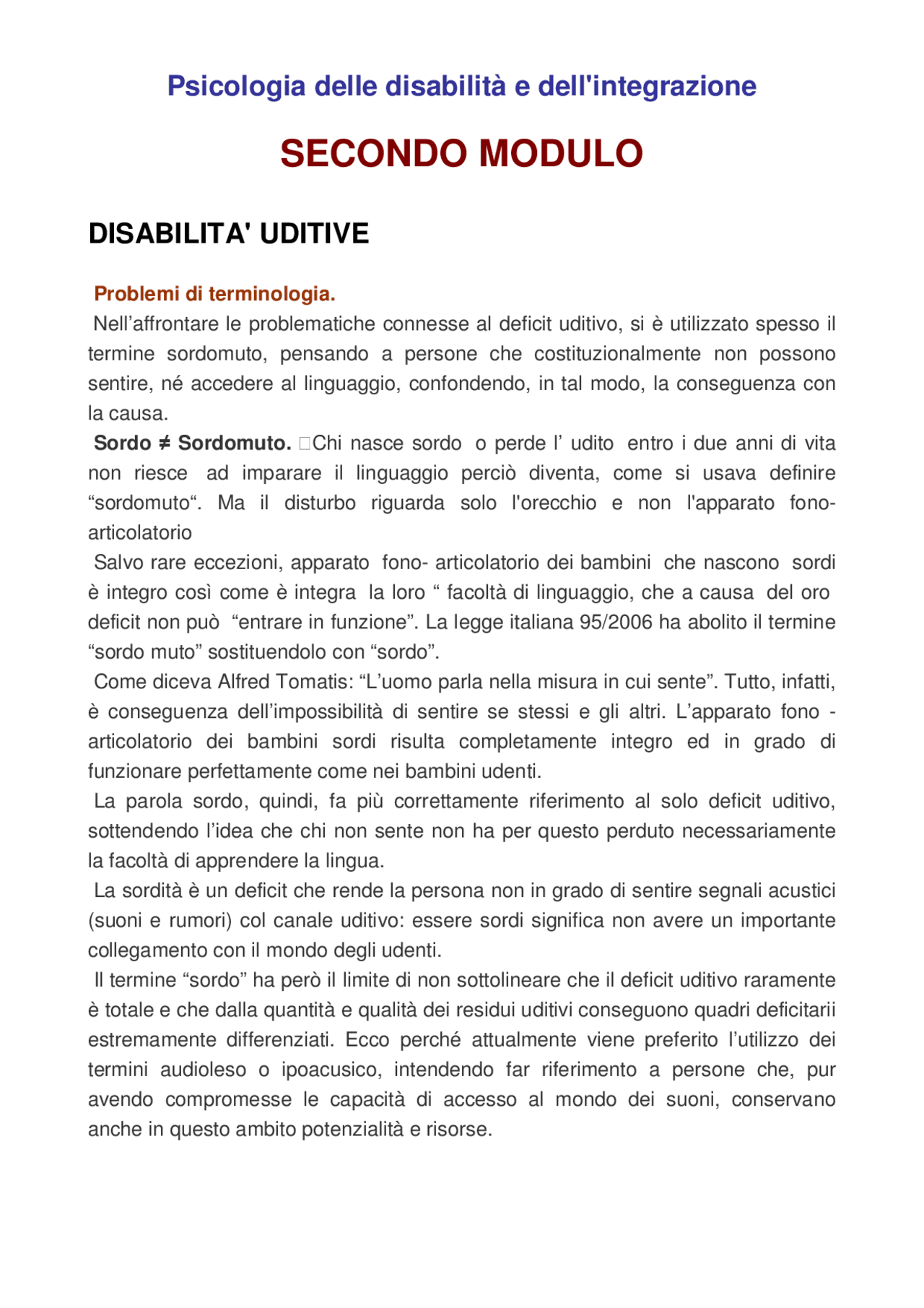 Modulo 2 Disabilità Uditive Psicologia Disabilità Docsity