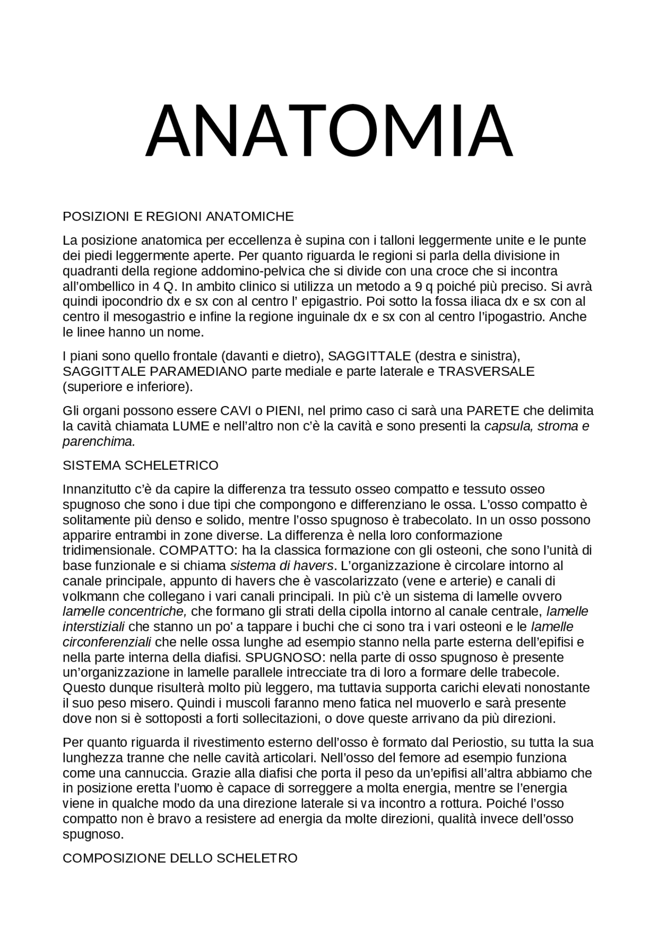 Brevi Riassunti Anatomia Umana Docsity