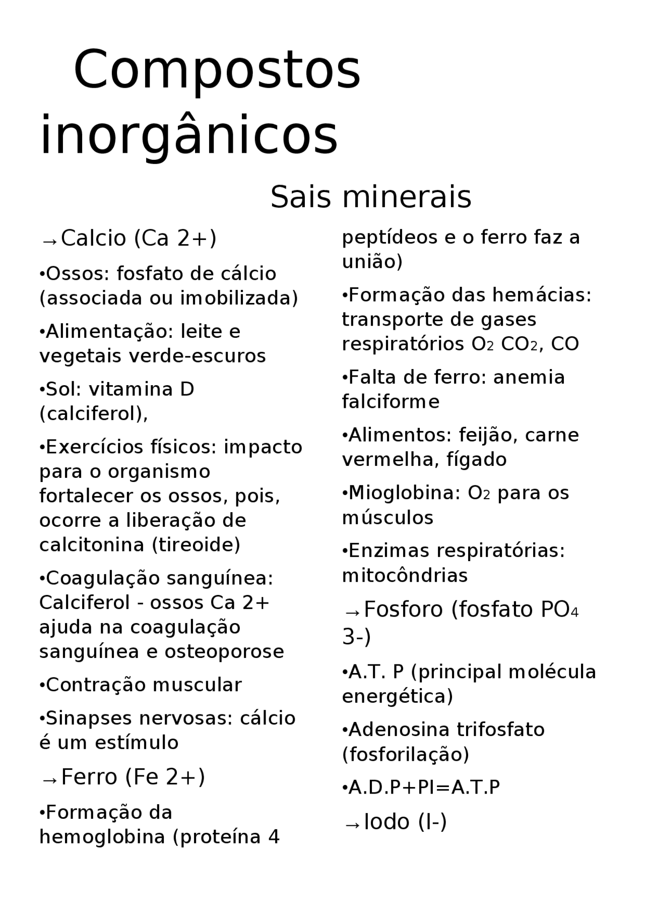 Sais minerais (compostos inorgânicos) | Resumos Biologia | Docsity