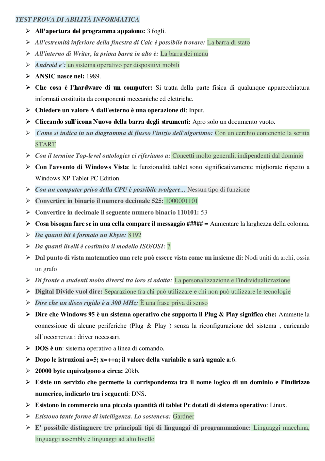 Prova Di Abilità Informatica Docsity
